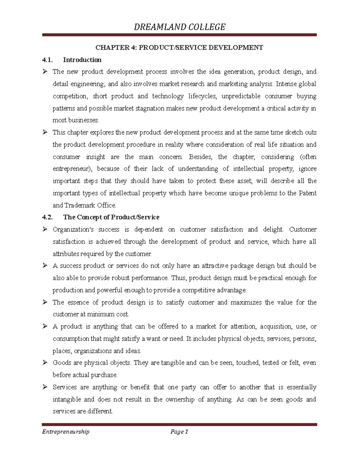 Entrepreneurship Chapter 4 - CHAPTER 4: PRODUCT/SERVICE DEVELOPMENT ...