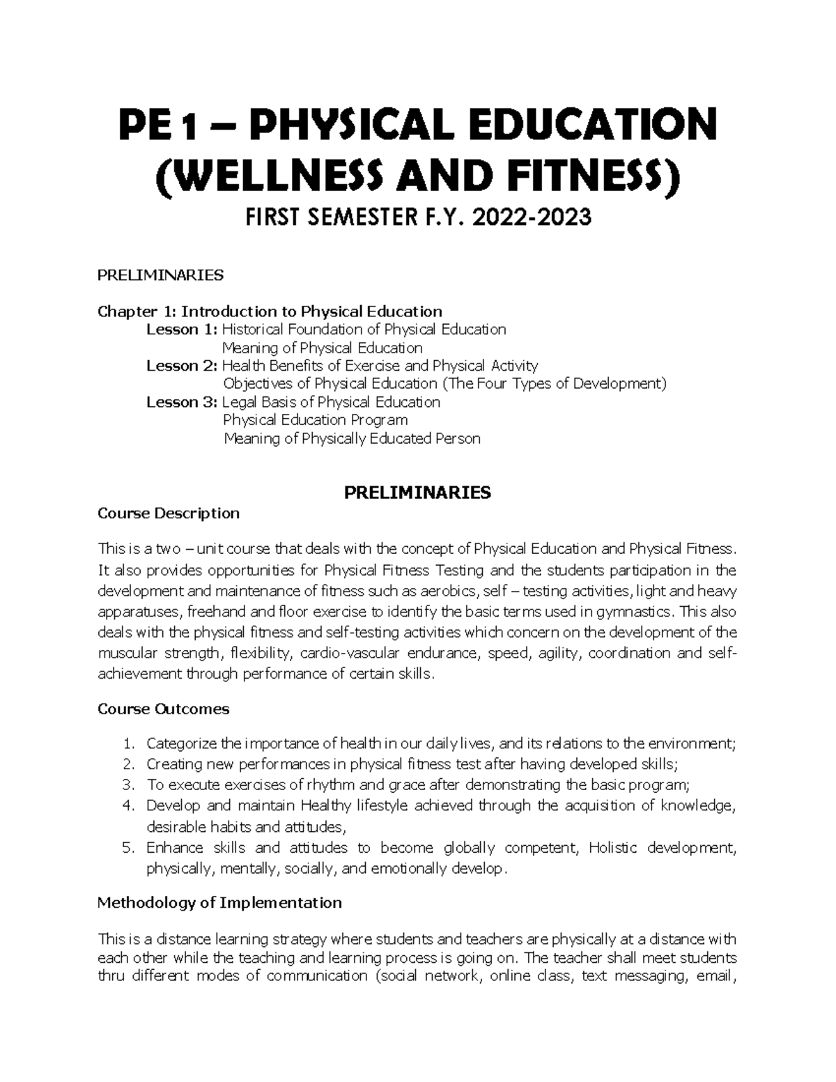 PE 1 Fitness AND Wellness - PE 1 – PHYSICAL EDUCATION (WELLNESS AND ...