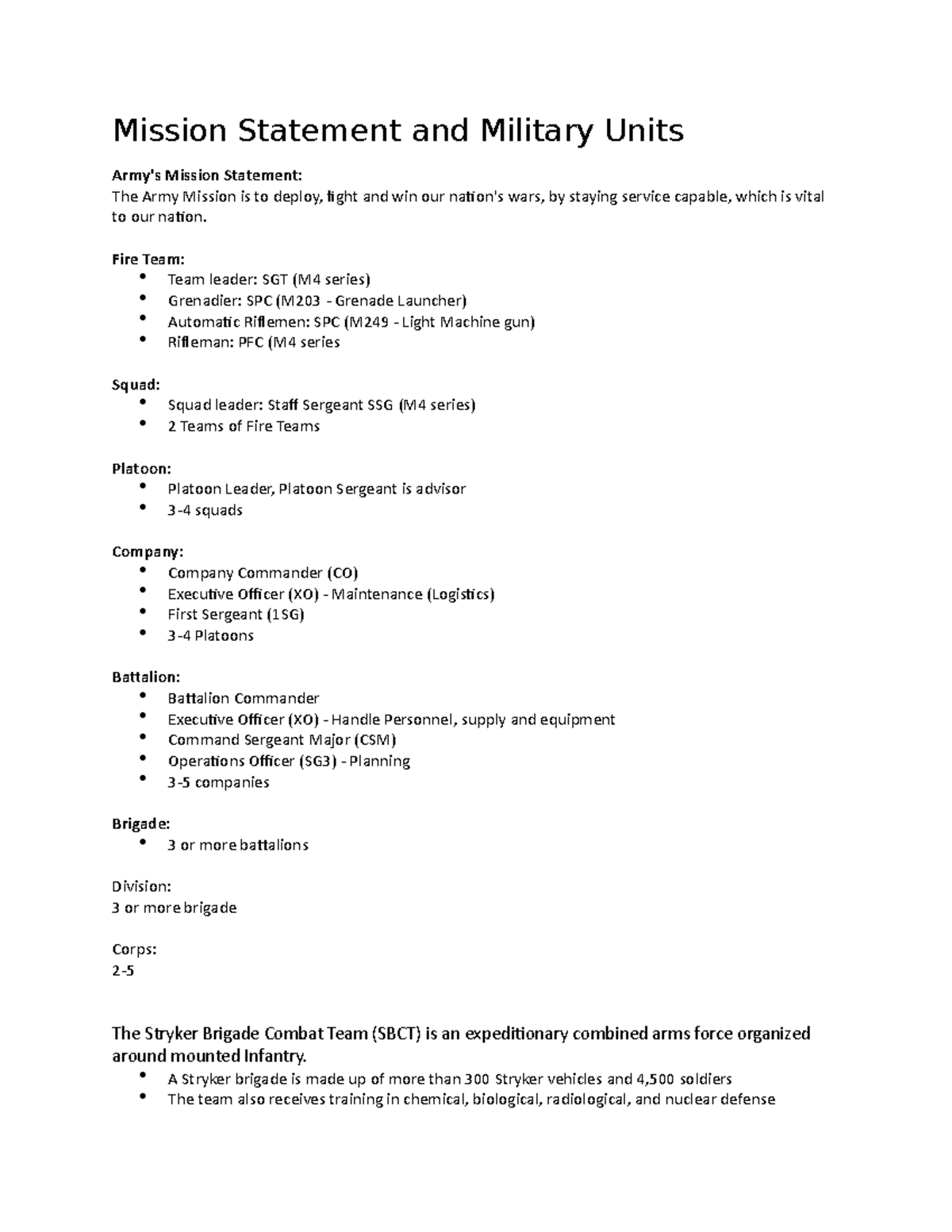 Mission Statement and Military Units - Fire Team: Team leader: SGT (M4 ...