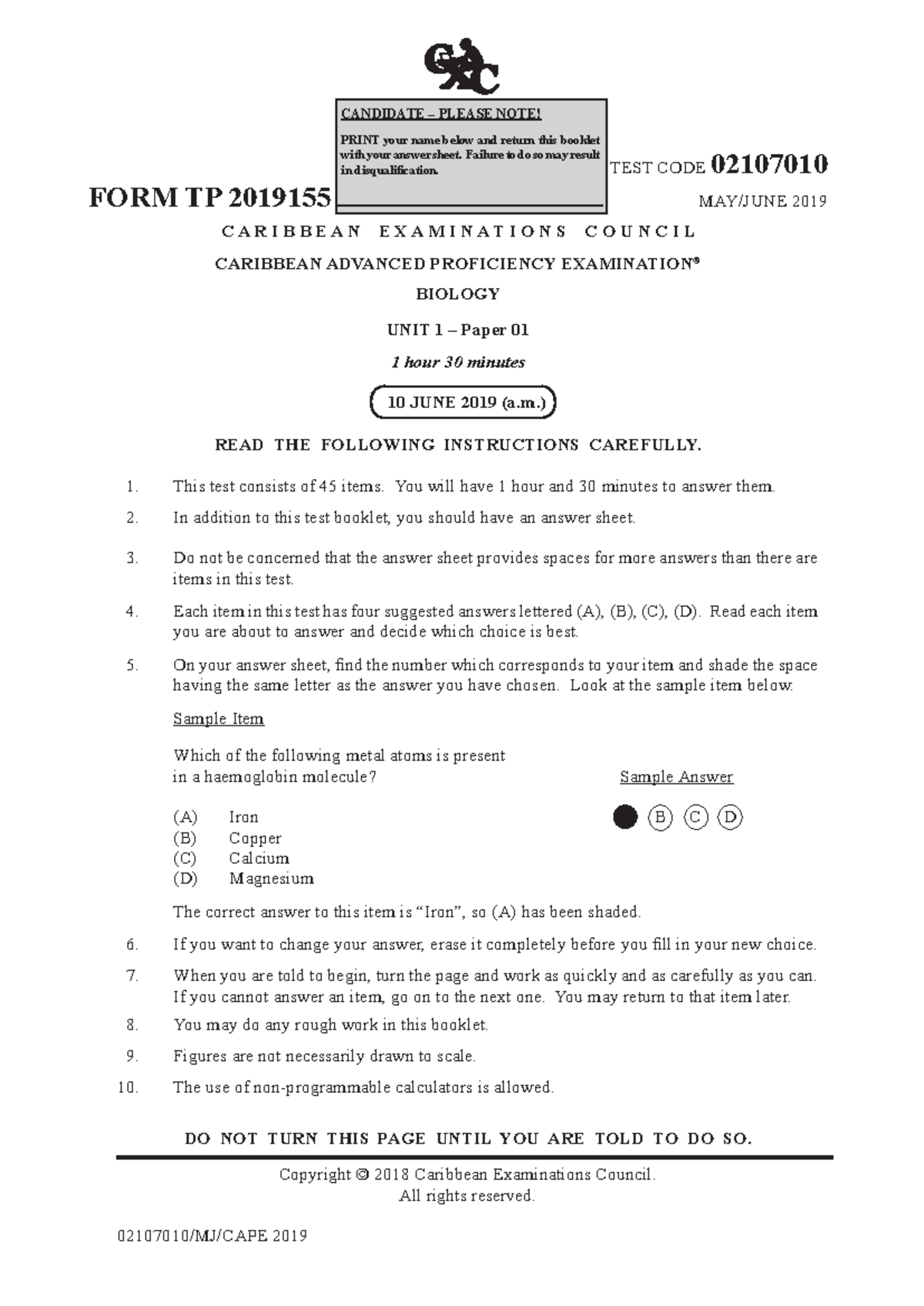 Biology 2019 U1 P1 - Past paper - This test consists of 45 items. You ...
