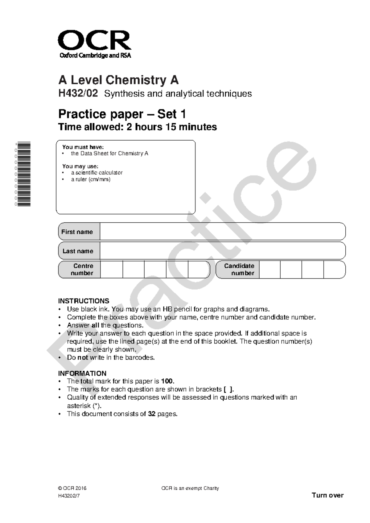 H432 02 paper set 1 - A Level Chemistry A H432/02 Synthesis and ...