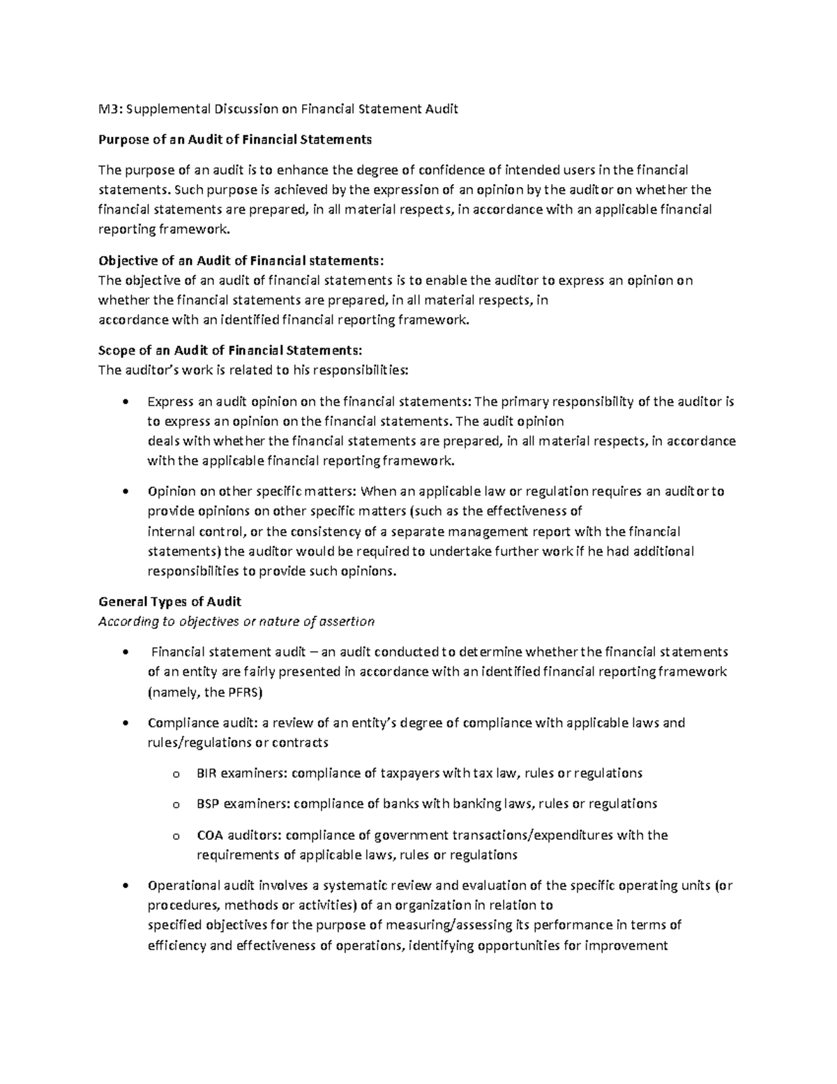 Supplemental discussion Financial Statement Audit - M3: Supplemental ...
