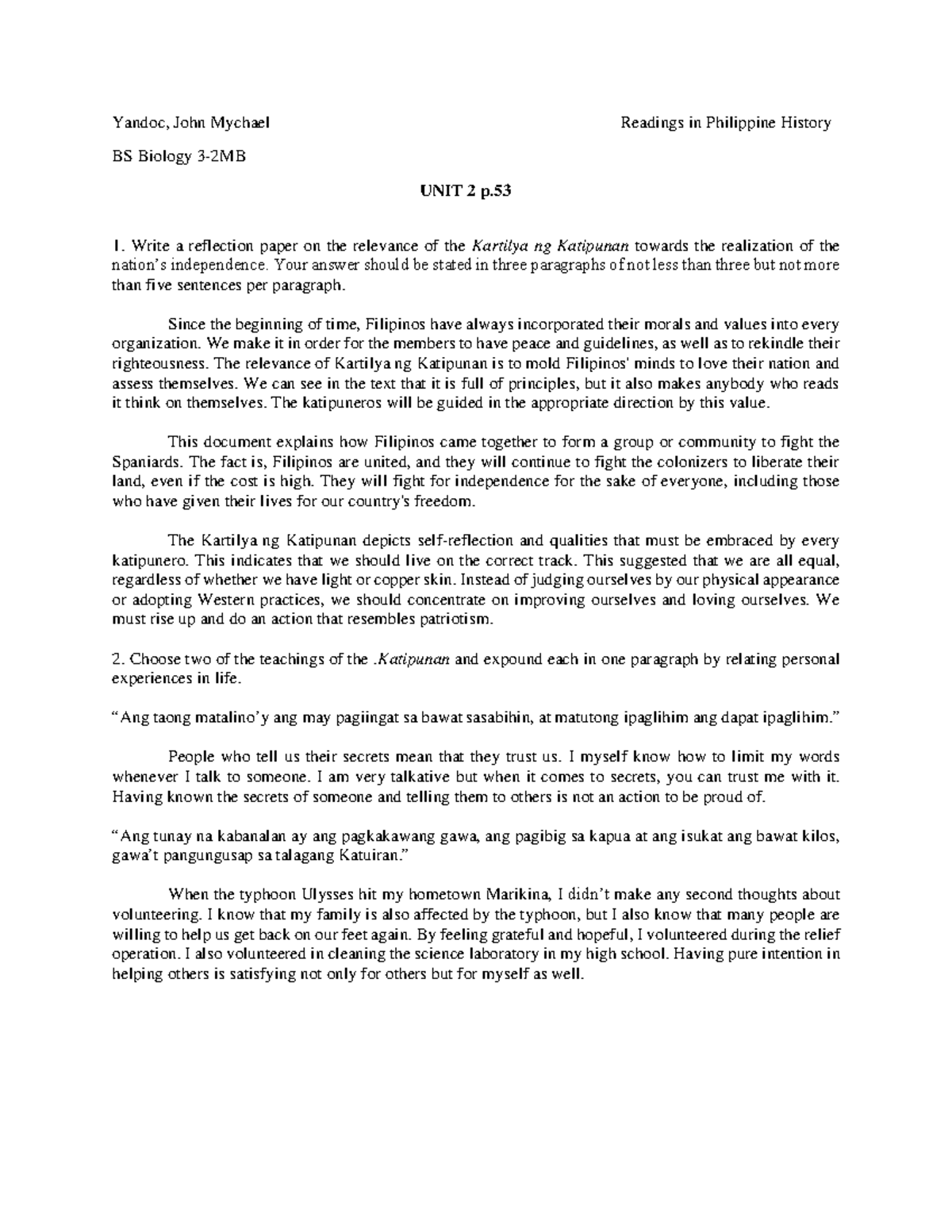 reflection paper on the relevance of the Kartilya ng Katipunan towards ...