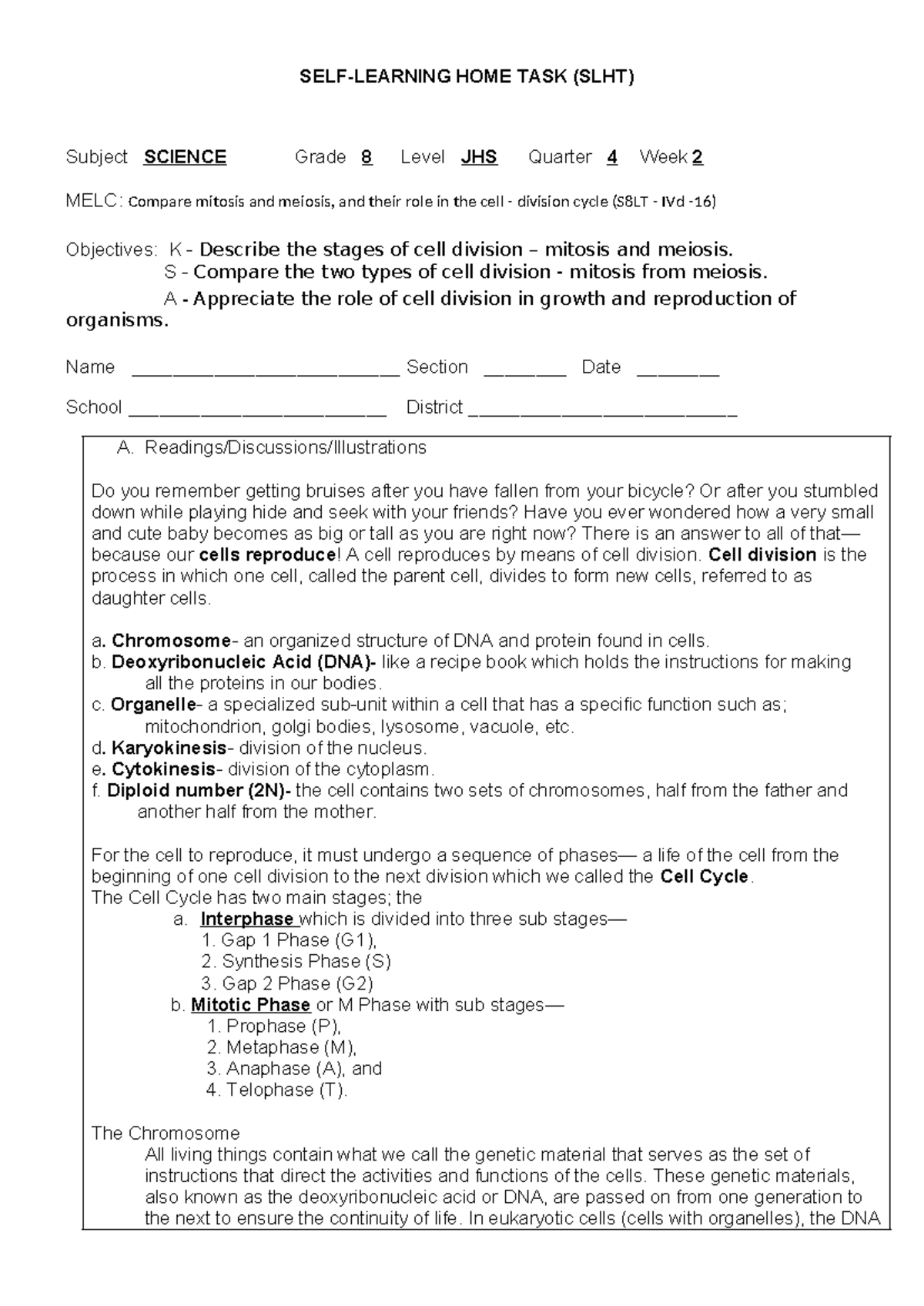 LHT 4th Q week 2 - SELF-LEARNING HOME TASK (SLHT) Subject SCIENCE Grade ...
