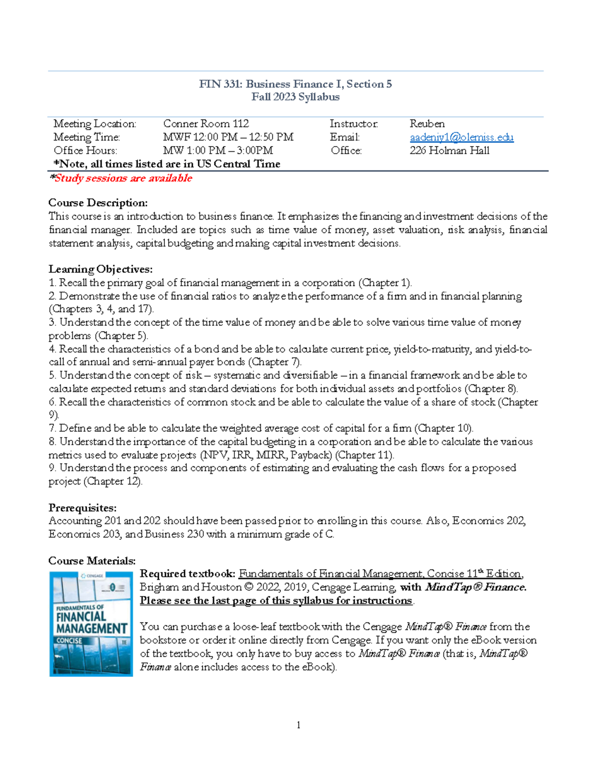 Fin 331 Syllabus - FIN 331: Business Finance I, Section 5 Fall 2023 ...