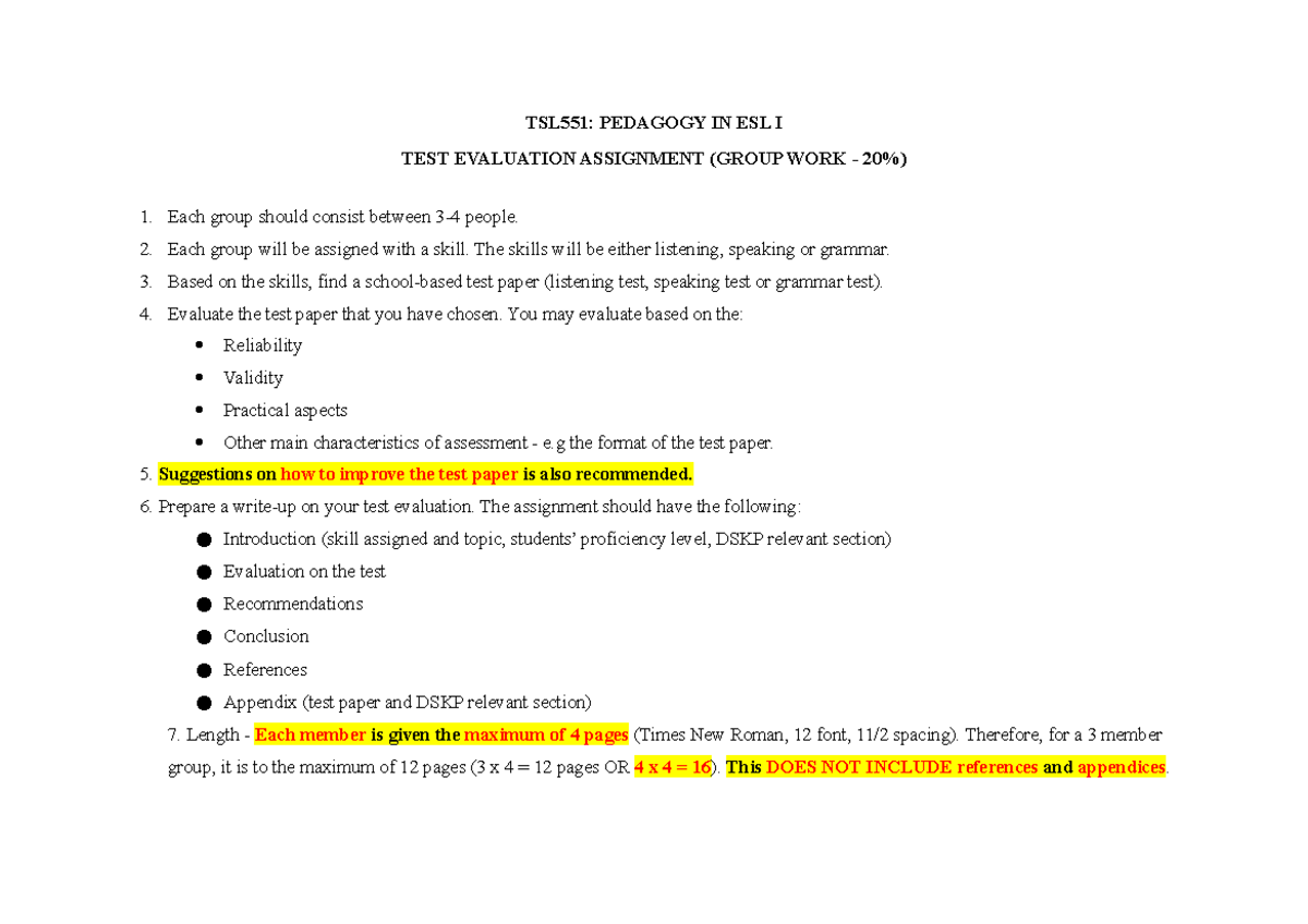 Test Evaluation Assignment Instruction and Rubric - TSL551: PEDAGOGY IN ...