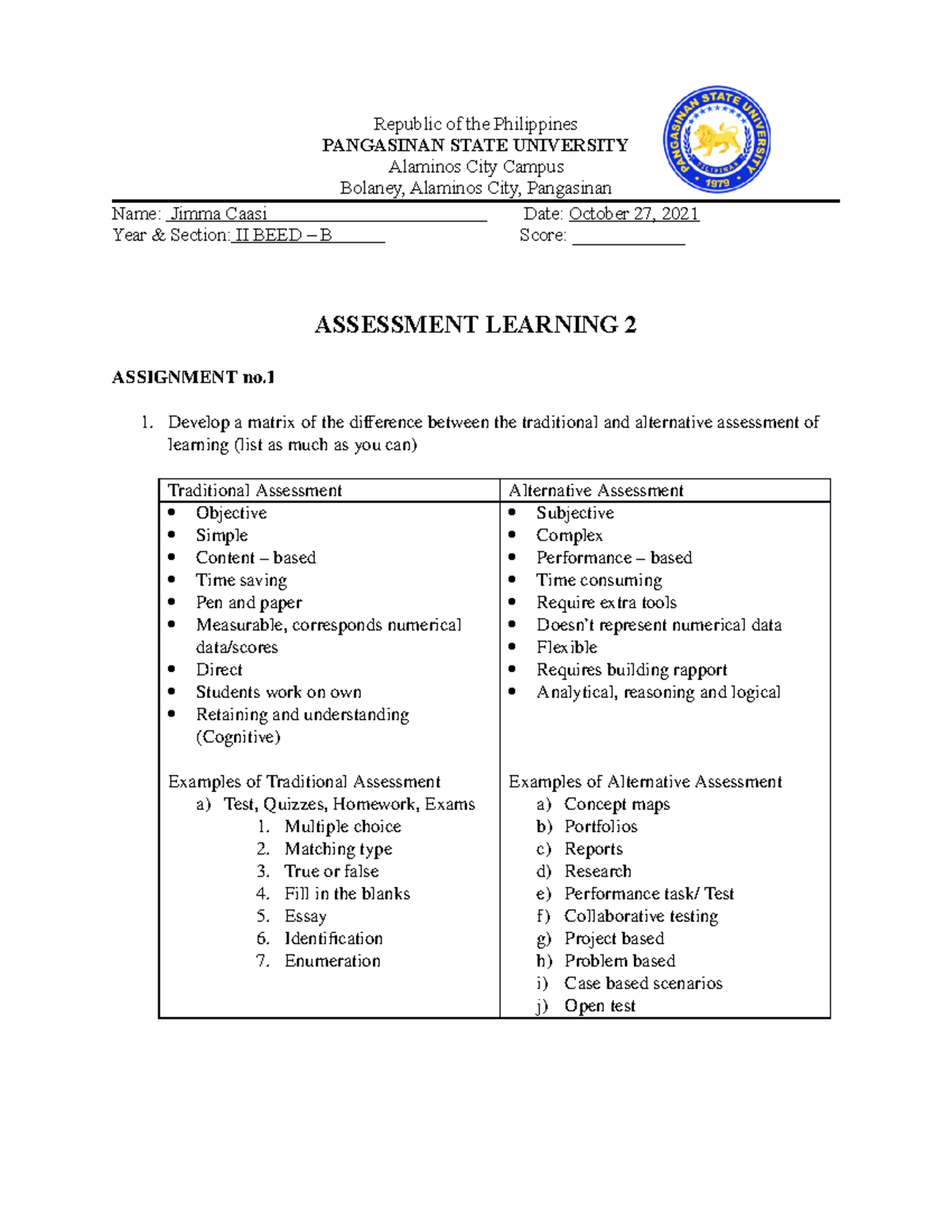 Assignment 1 (Assessment II) - Republic of the Philippines PANGASINAN ...