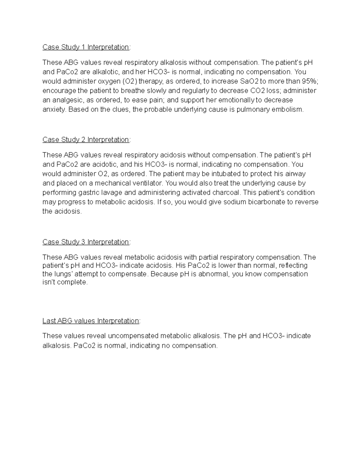 Acid Base Case Studies - patho - Case Study 1 Interpretation: These ABG ...