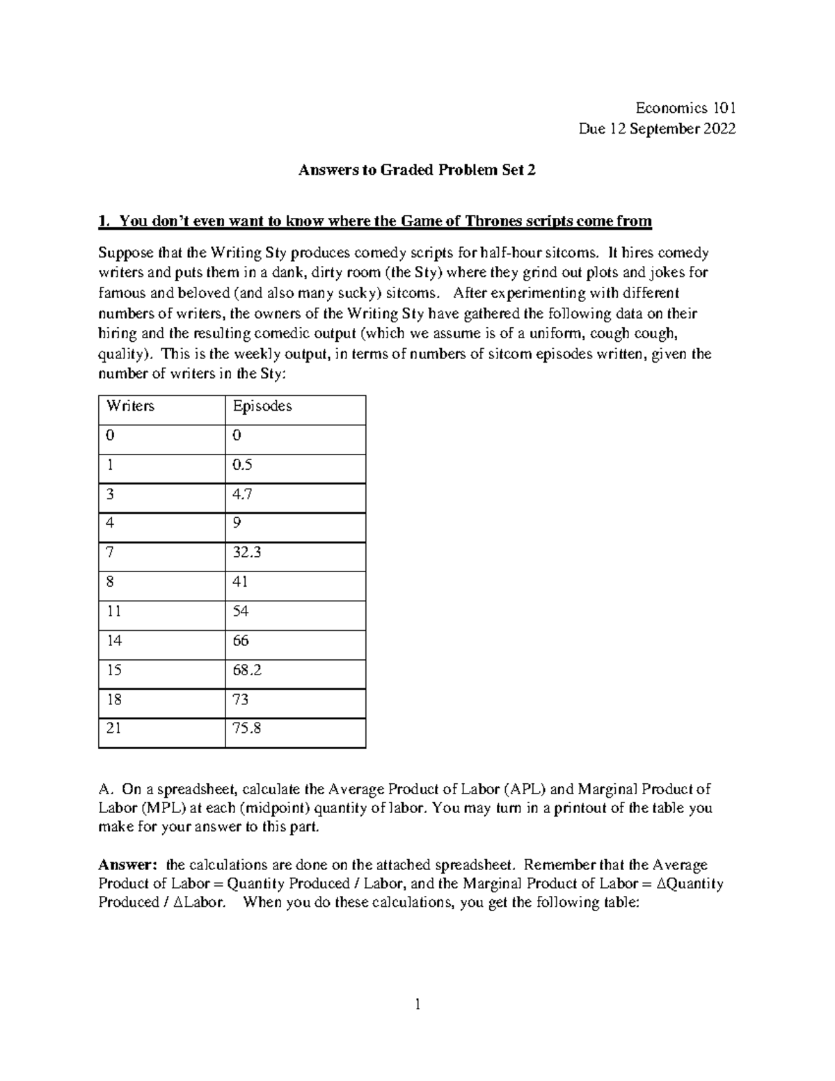 F22 ec101 ps2 answers - Economics 101 Due 12 September 2022 Answers to Graded Problem Set 2 You ...