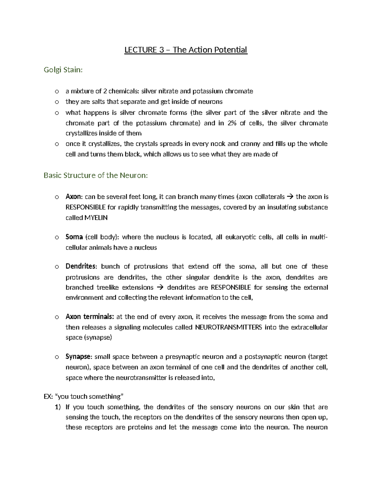 Exam Midterm 1 Psych 211 - LECTURE 3 – The Action Potential Golgi Stain ...