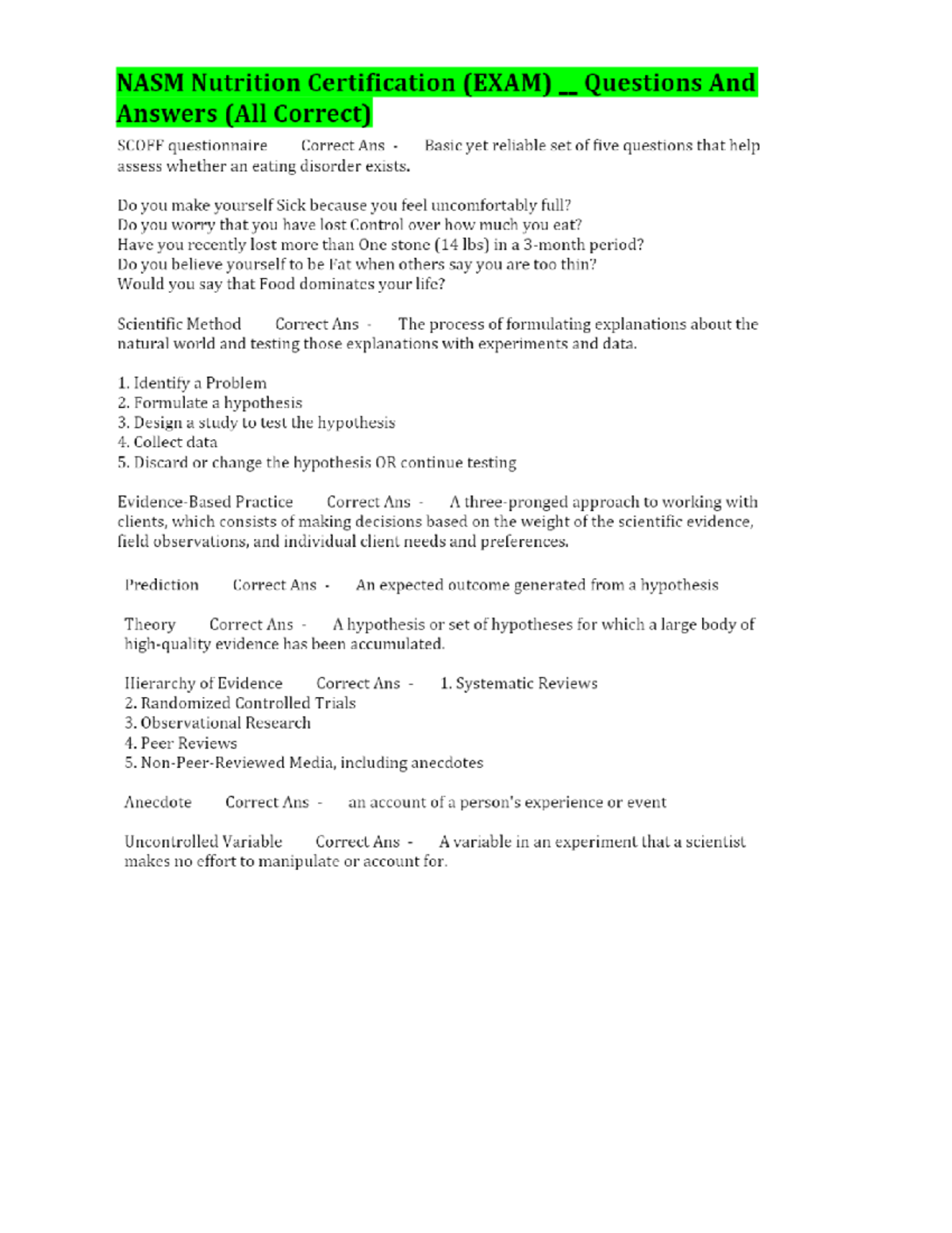 NASM CNC EXAM Answers - N/a - Q1: How does the WHO define health? A1: A ...