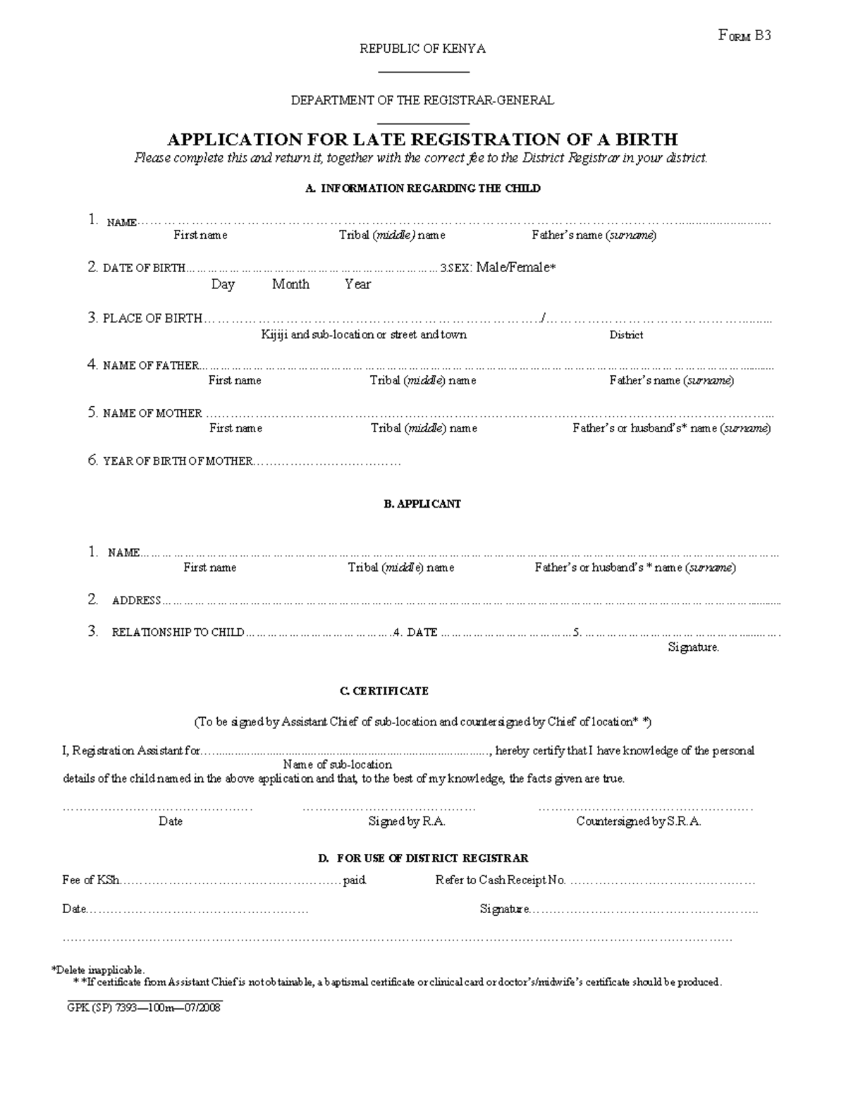 FORM B3 page 2 - LATE BIRTH CERTIFICATE FORM B3 - REPUBLIC OF KENYA ...