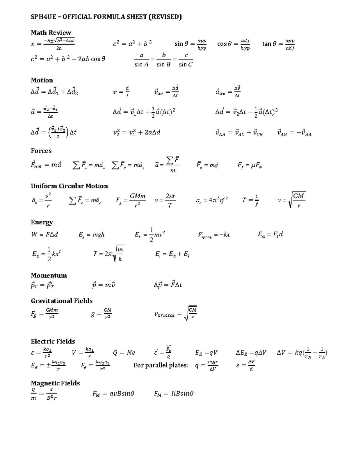 SPH4UE Formula Sheet 2022 - SPH4UE – OFFICIAL FORMULA SHEET (REVISED ...