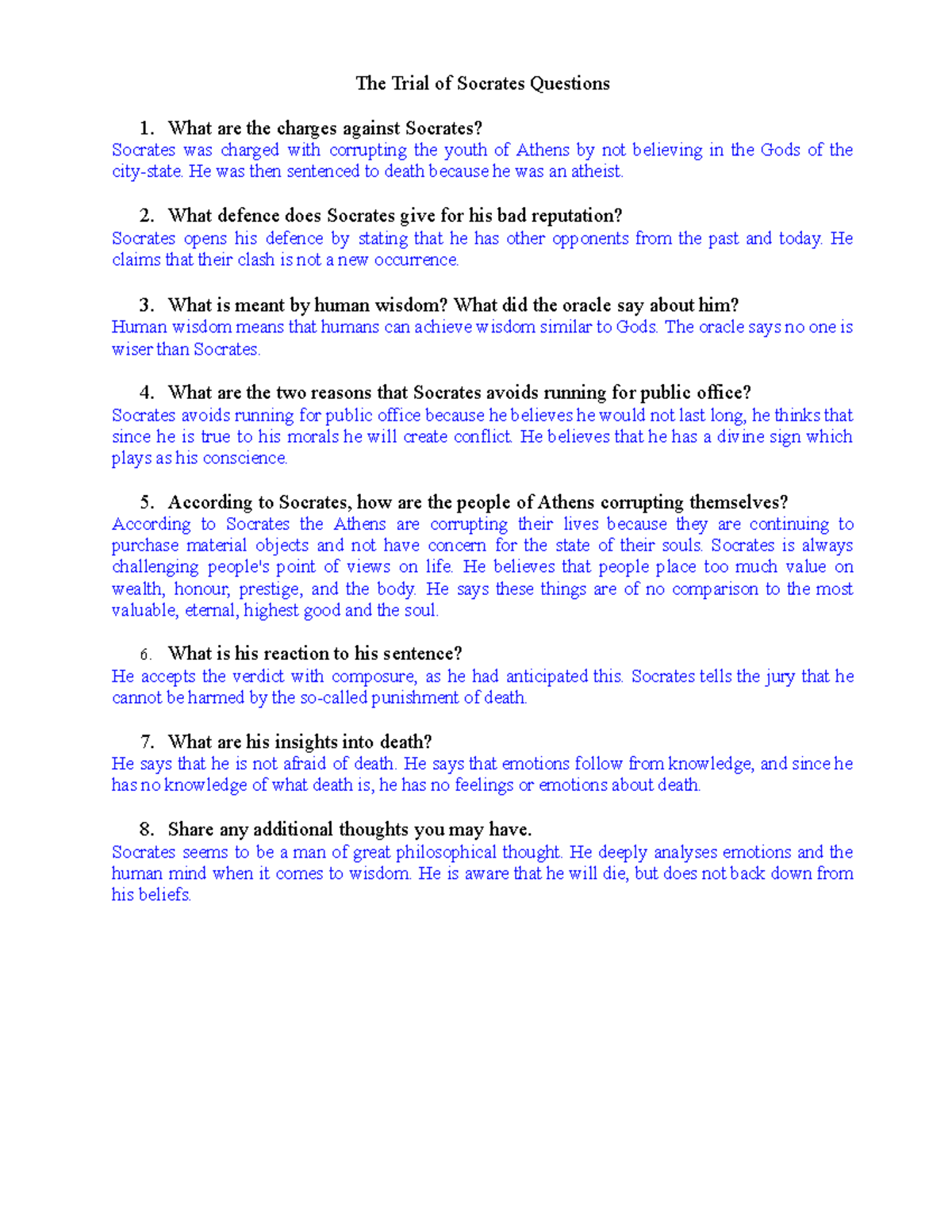 The Trial of Socrates Questions - Studocu