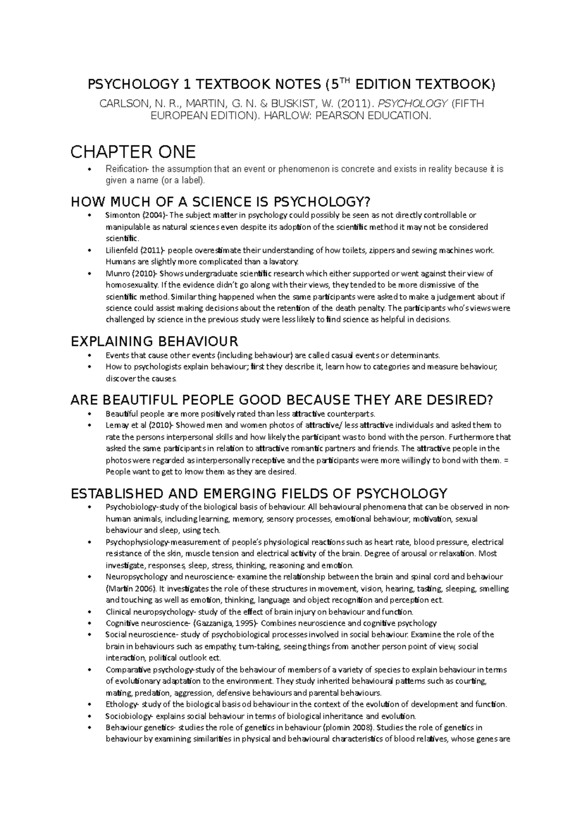 Introduction to psychology 1 summary of assigned reading- week 1 ...