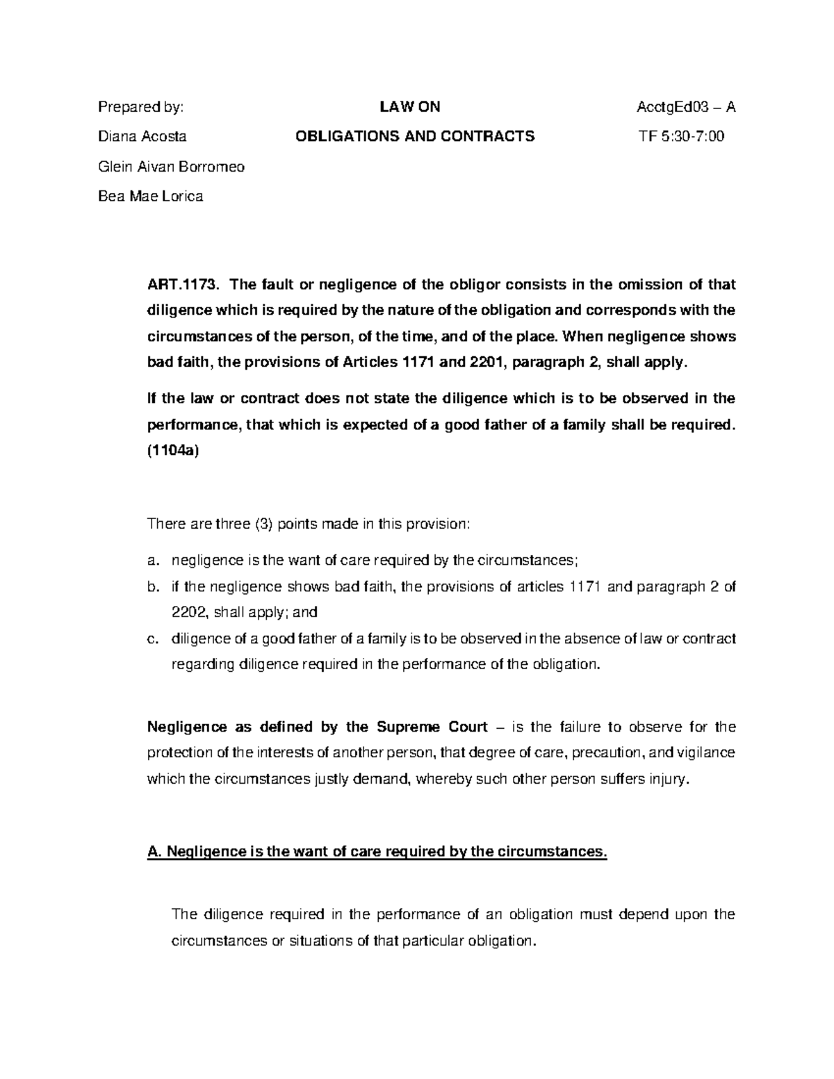 Article 1173 - none - Prepared by: LAW ON AcctgEd03 – A Diana Acosta ...