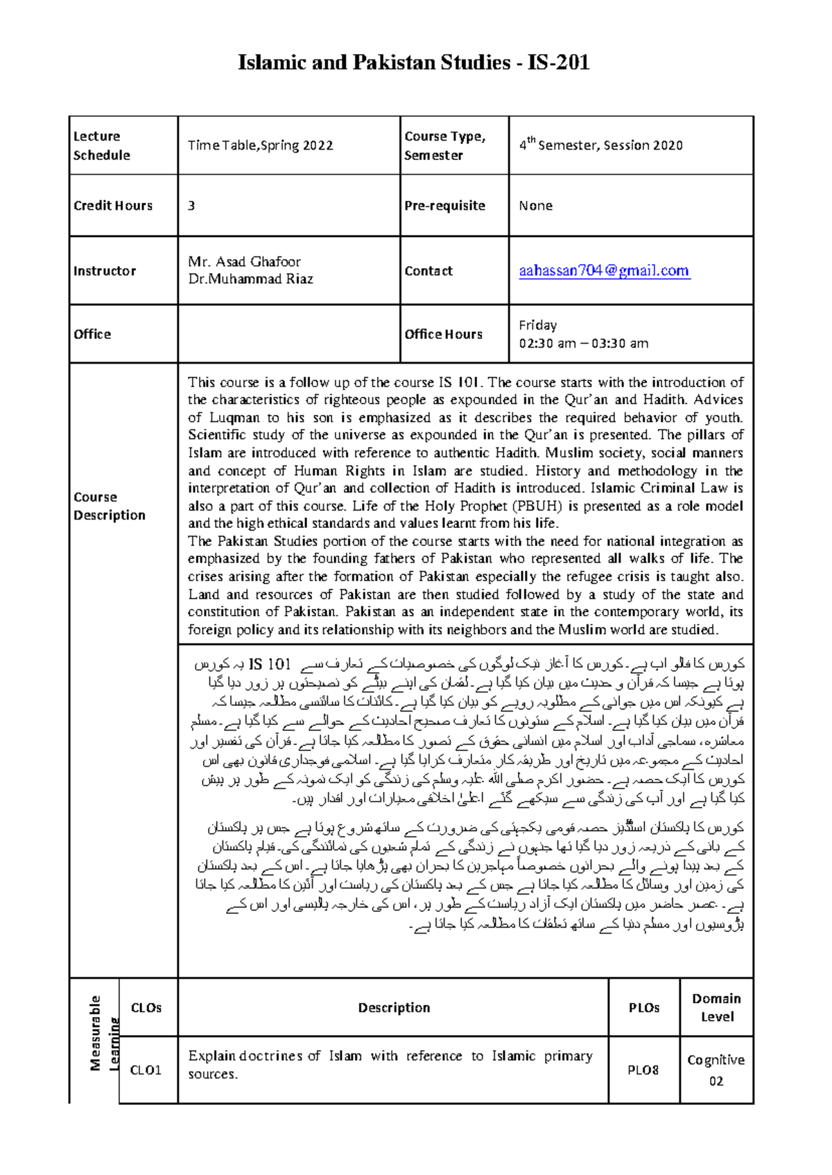2 Course Lecture Breakdown Is&ps201 (1) - Islamic and Pakistan Studies ...
