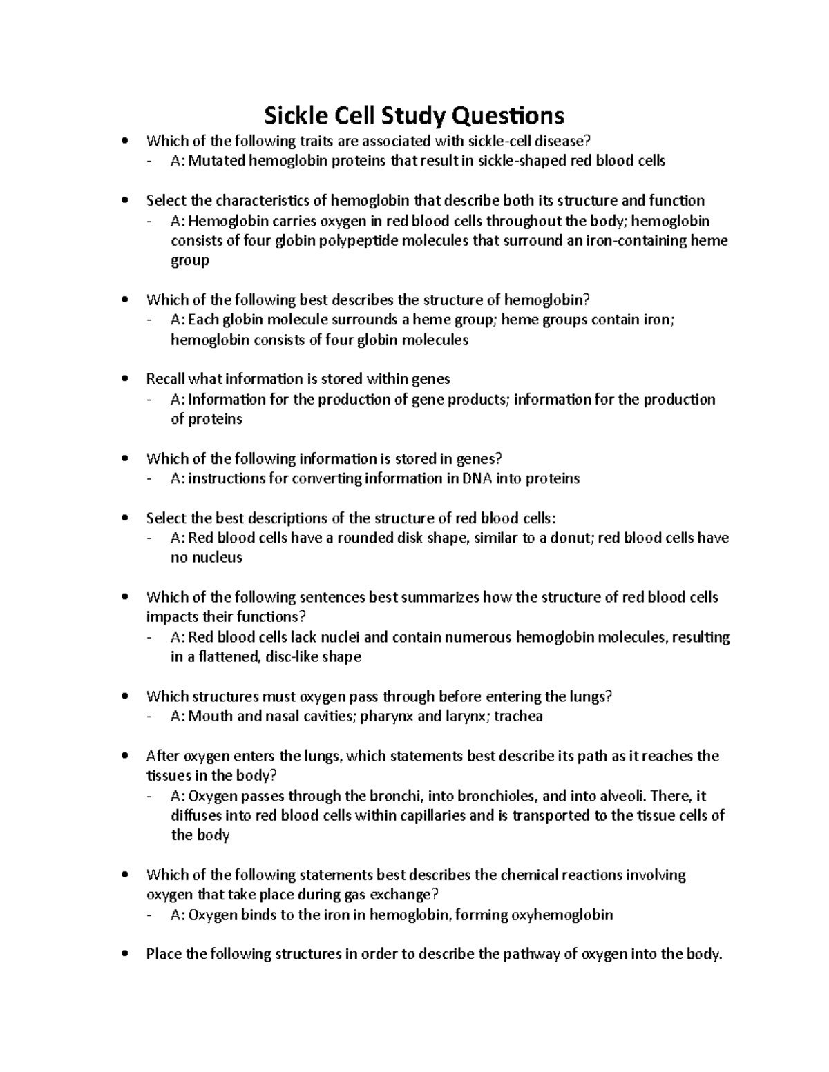 Sickle Cell Study Questions - There, it diffuses into red blood cells ...