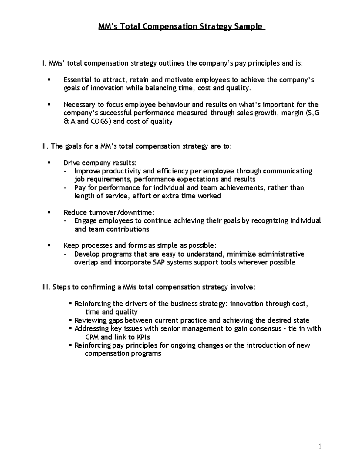 MM Sample Total Compensation Strategy - I. MMs’ total compensation ...