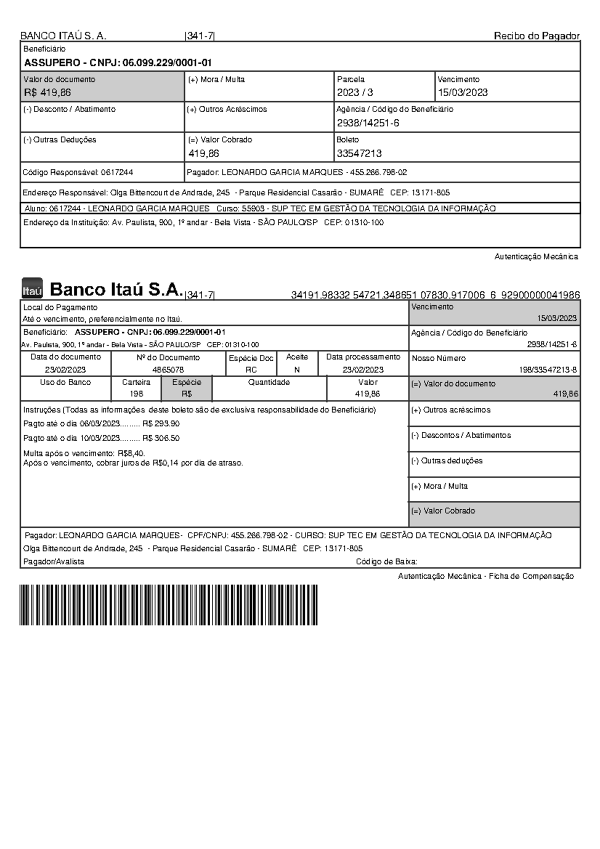 Boleto 33547213 - mjk - |341-7| Recibo do Pagador Beneficiário ASSUPERO - CNPJ: 06.099/0001 ...