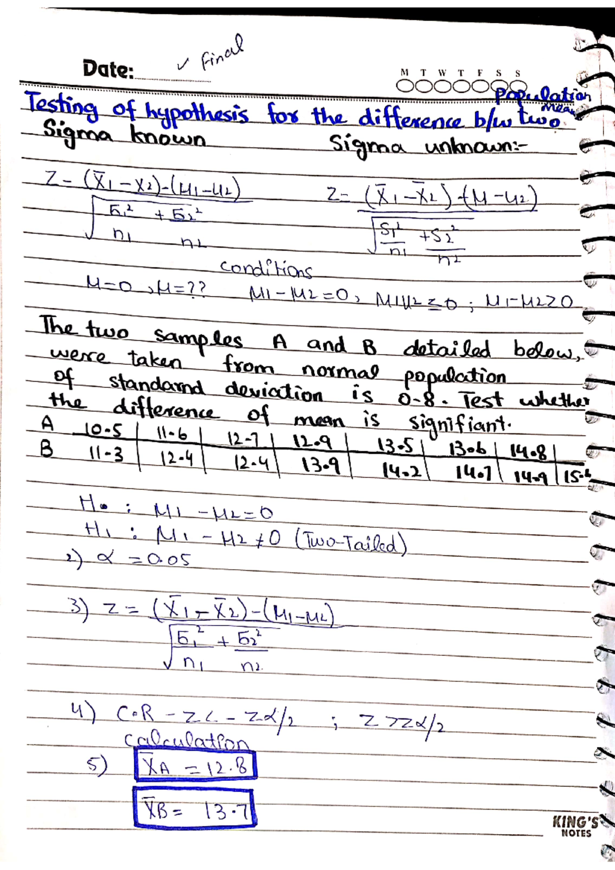 Statistical inference notes - Date: Final MTWTFSS Population Testing of ...