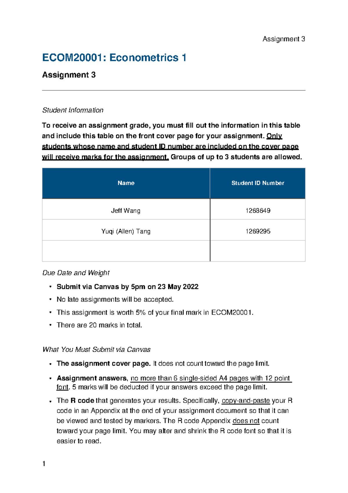 ECOM2000 1 as3 - Econometrics Assignment 3 - ECOM20001: Econometrics 1 Assignment 3 Student ...