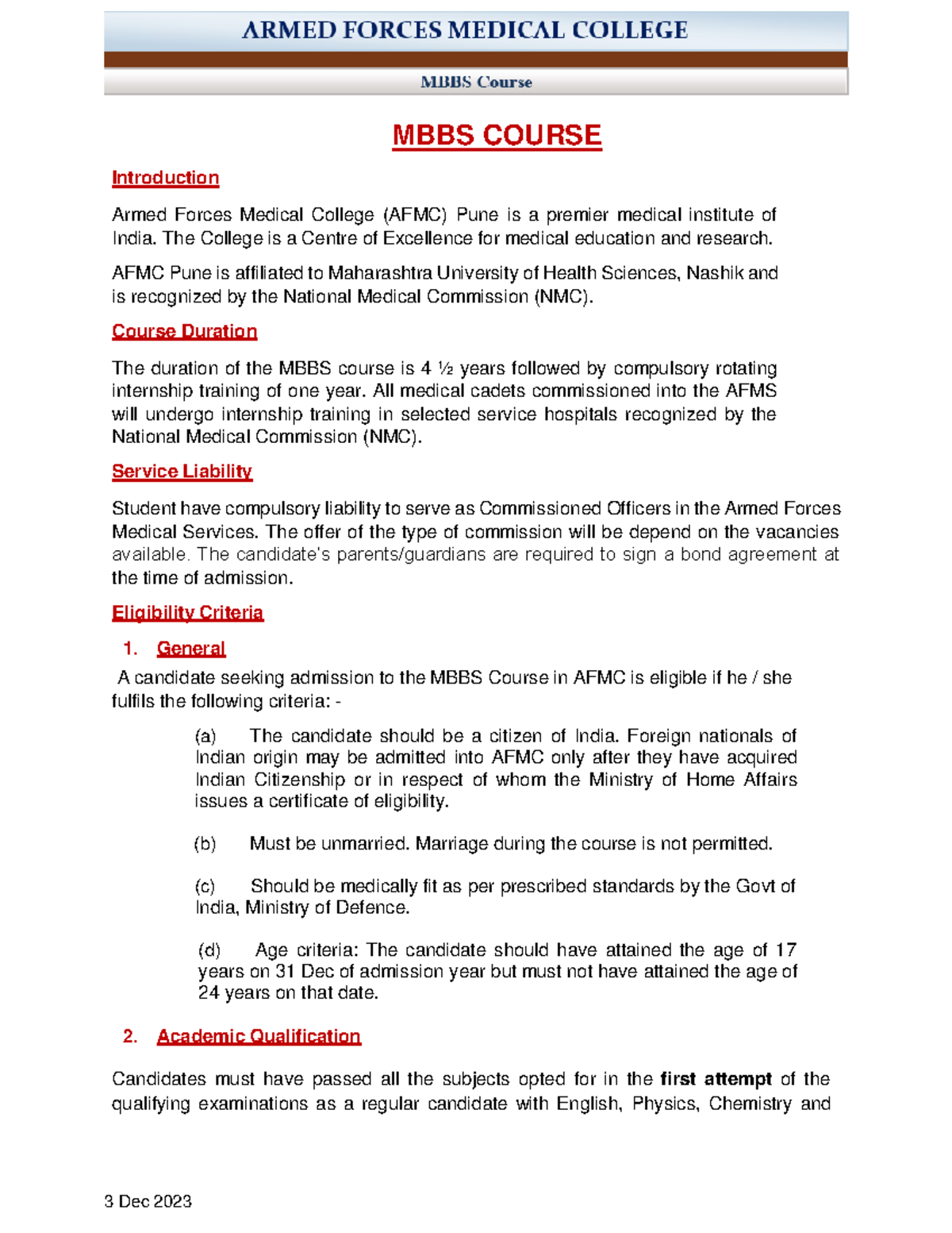 MBBS Course latest 2023 - 3 Dec 2023 Introduction MBBS COURSE Armed ...