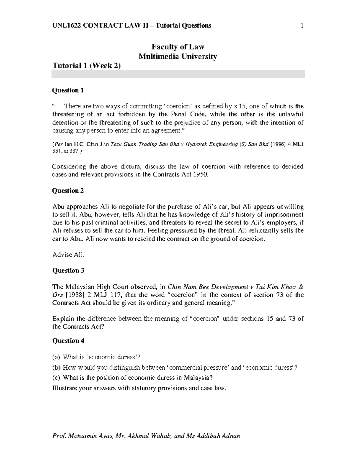 2022 Contract II - Tutorial 1 (Week 2) (Week 2) - UNL1622 CONTRACT LAW ...