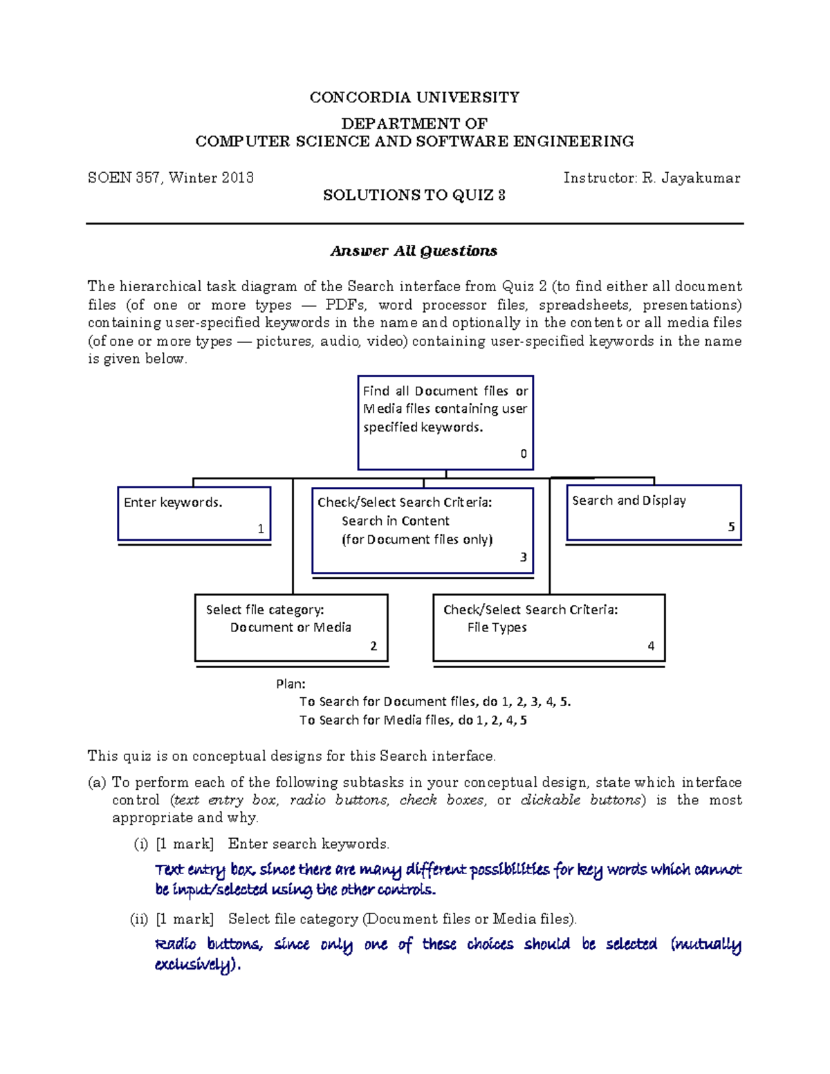 2013 Winter Quiz3 Solutions - CONCORDIA UNIVERSITY DEPARTMENT OF COMPUTER SCIENCE AND SOFTWARE ...
