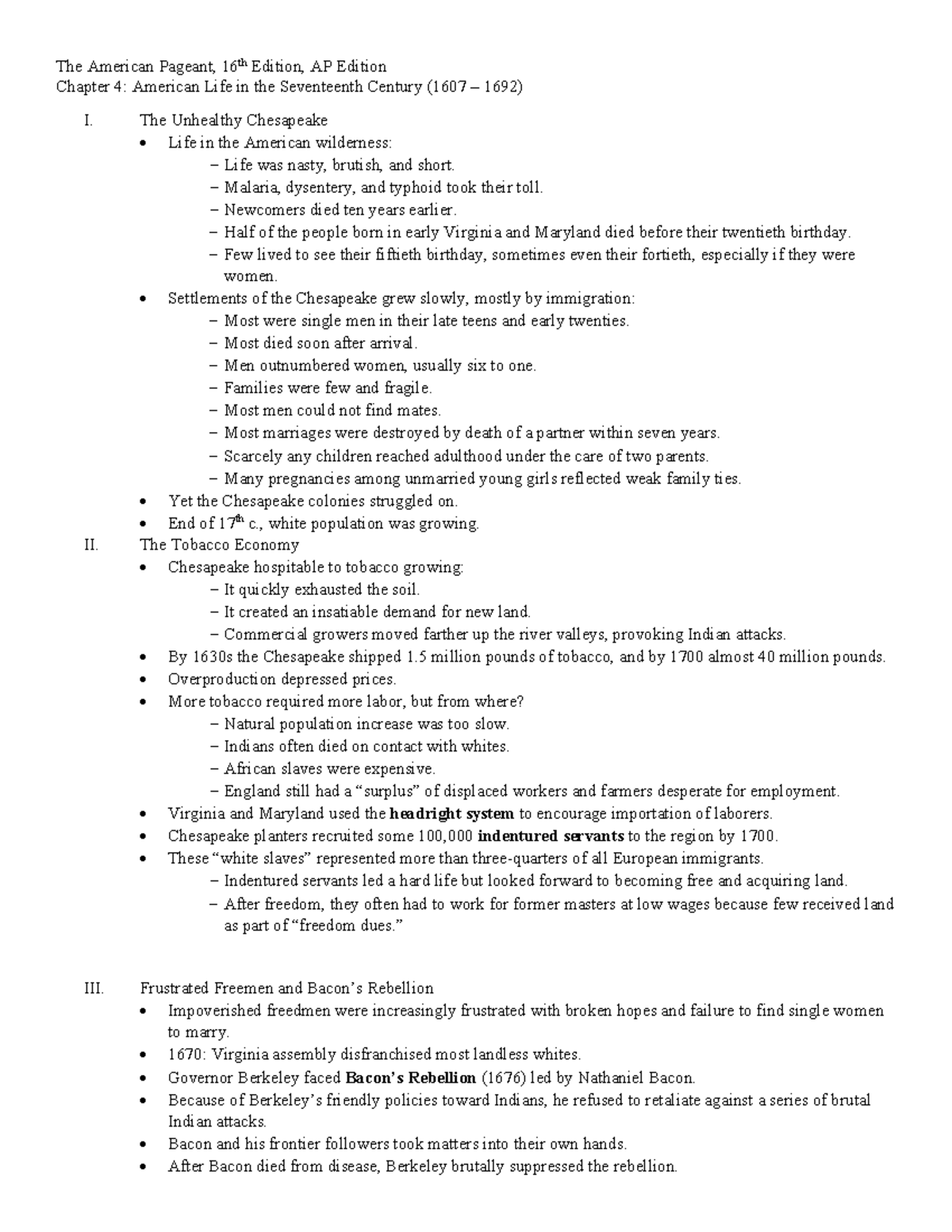 Chapter 4 - American Life in the Seventeenth Century - The Unhealthy ...