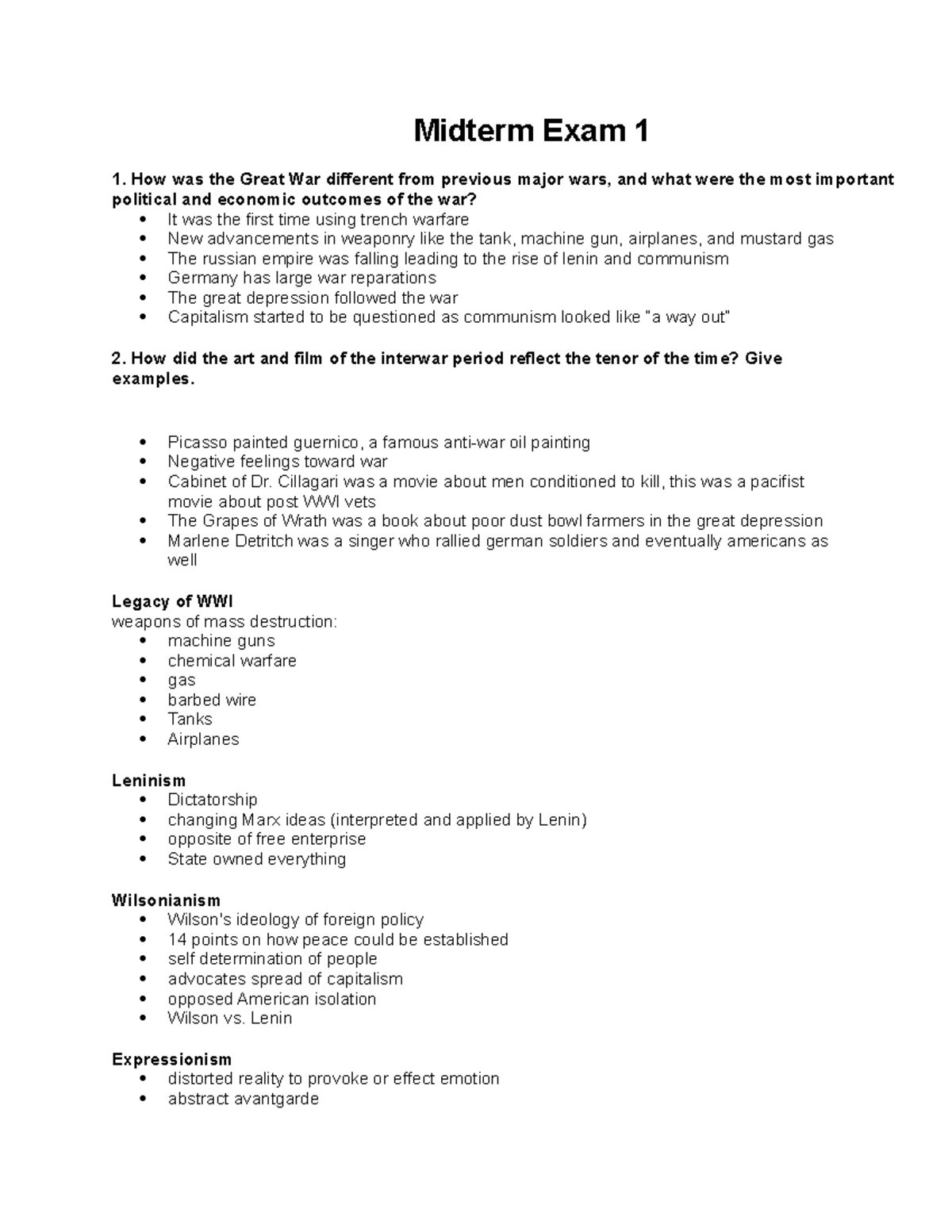 HIS 296 Midterm Exam 1 - Midterm Exam 1 How was the Great War different ...