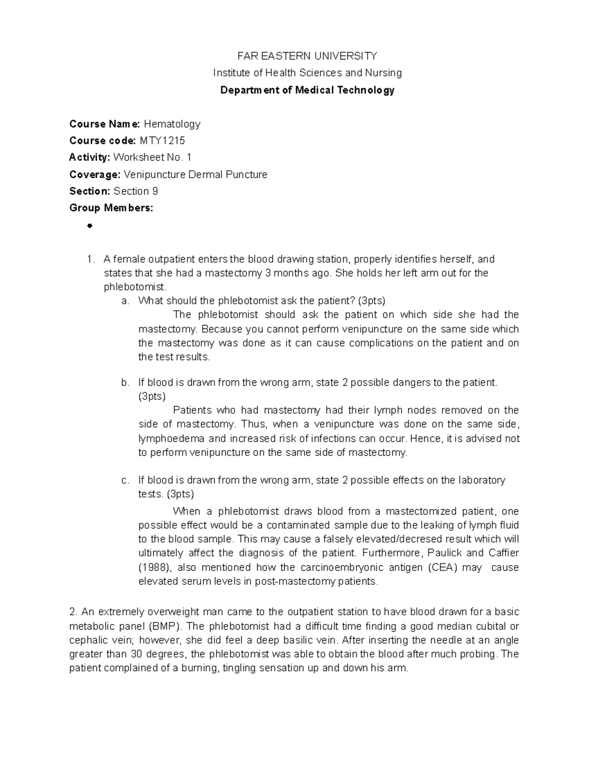 Group 2 HEMA Worksheet - HEMA 2 - FAR EASTERN UNIVERSITY Institute of ...