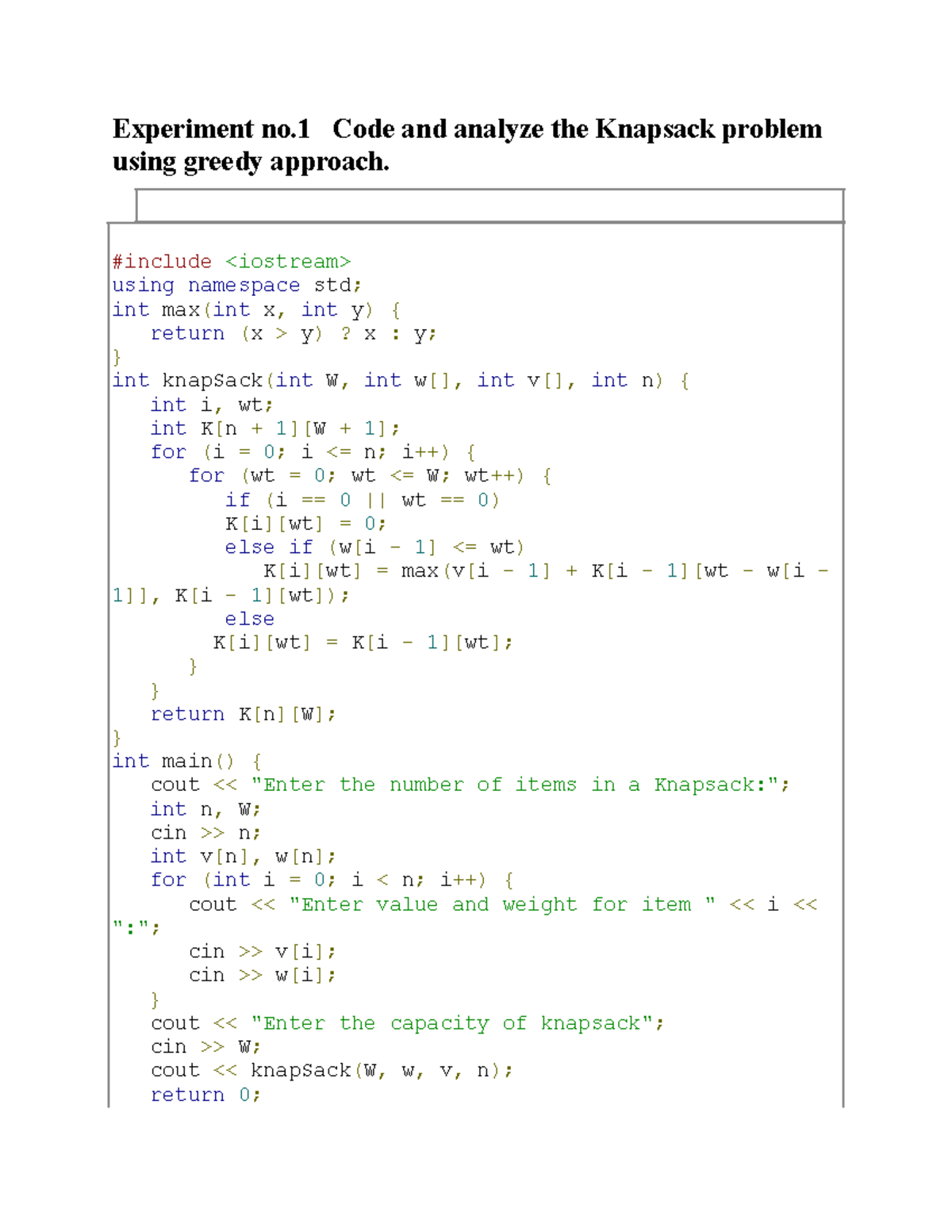 DAA LAB Manual.docx - daa - Experiment no Code and analyze the Knapsack problem using greedy ...