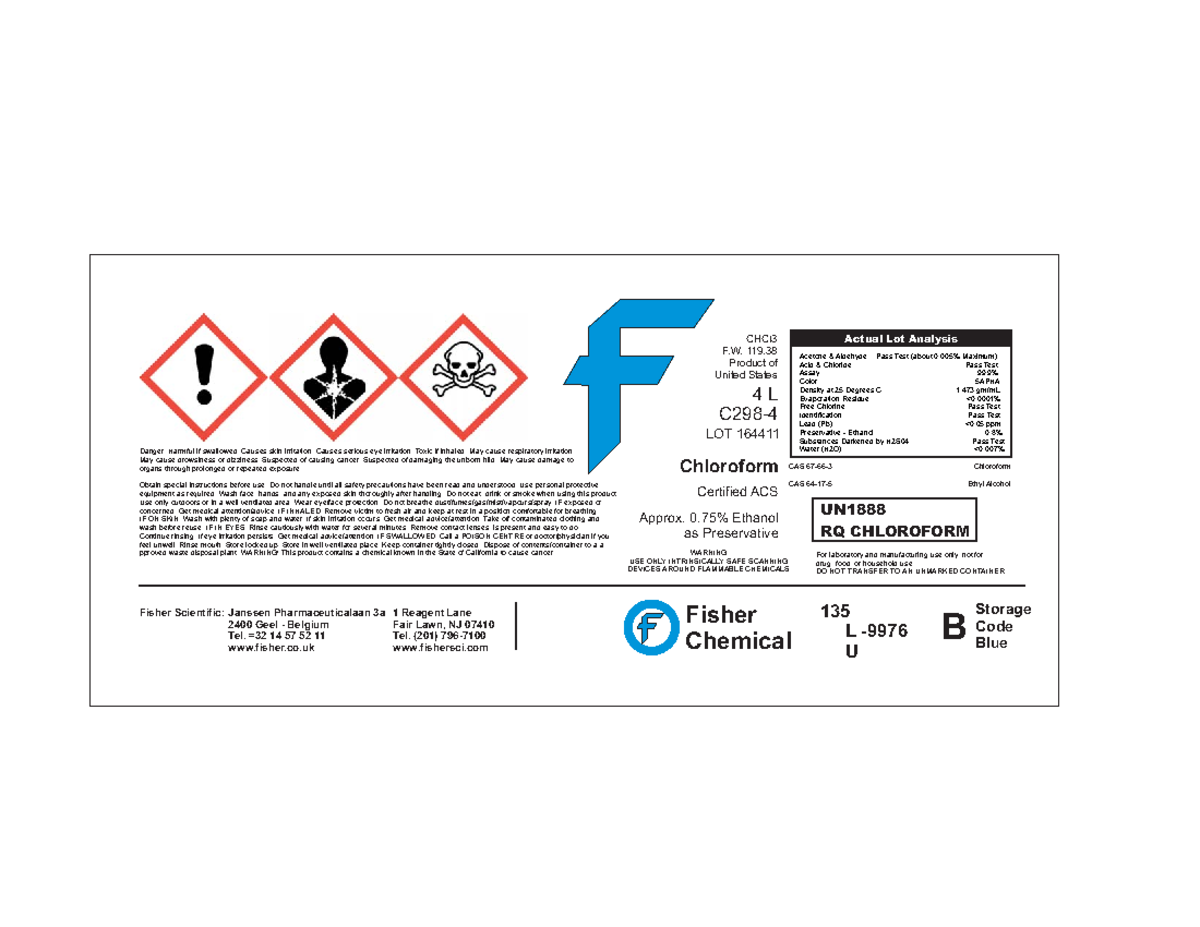 Chloroform Label - Acetone & Aldehyde... Test (about 0% Maximum) Acid ...