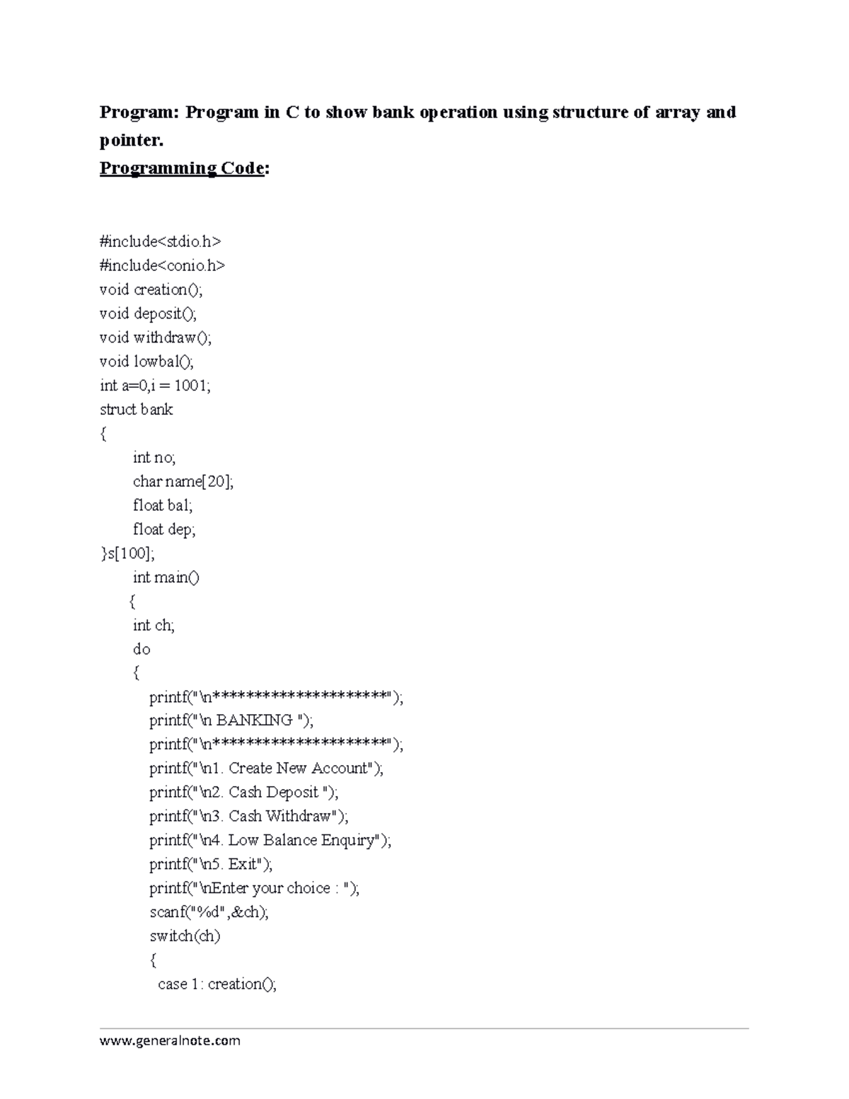 C Program To Perform Bank Operation Program Program In C To Show