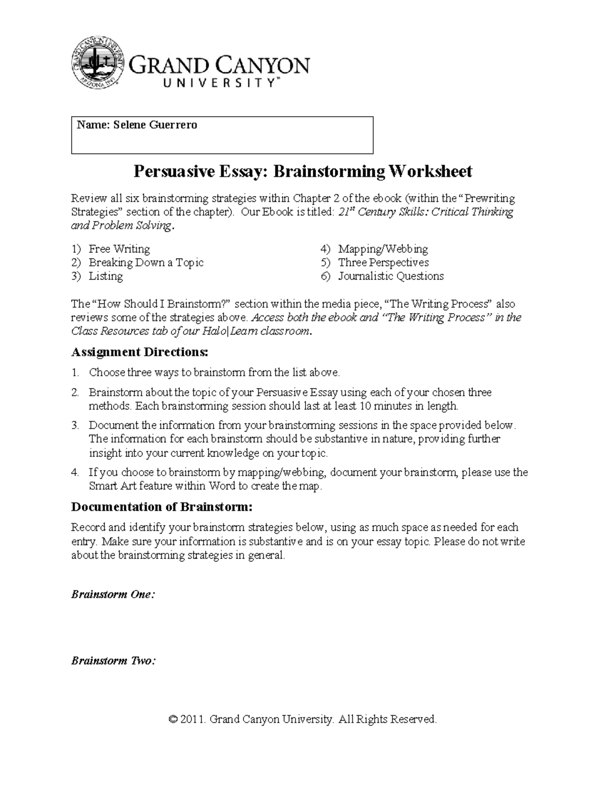PHI105 T2 Brainstorming Worksheet 4 13 2023 - Name: Selene Guerrero ...