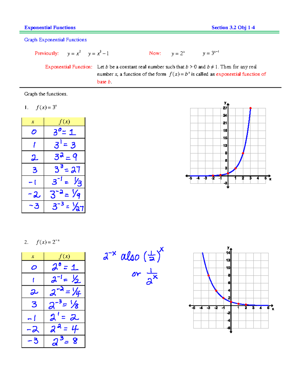 3.2 Solutions Obj 1-4 - ####### Exponential Functions Section 3 Obj 1 ...