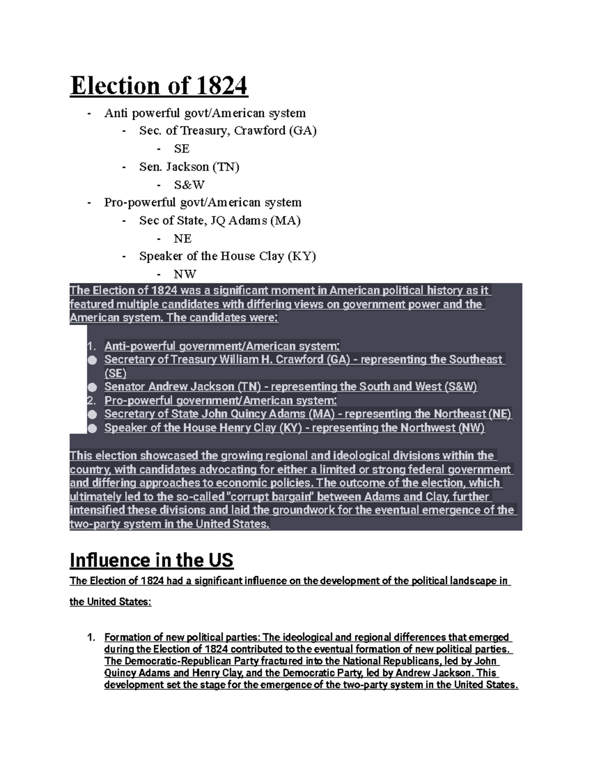 Election of 1824 influence in the US Key Questions - Election of 1824 ...