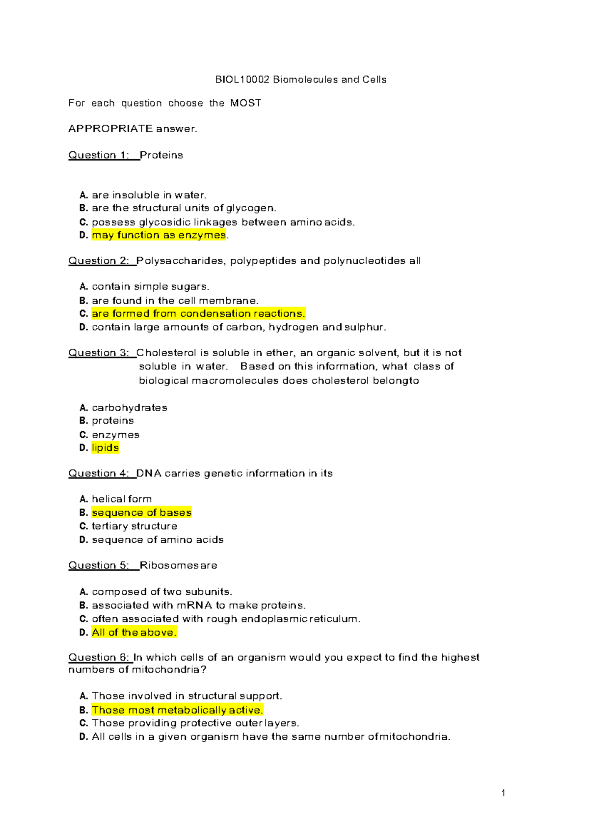 Sample/practice exam 2019, answers - Biomolecules and Cells For each ...
