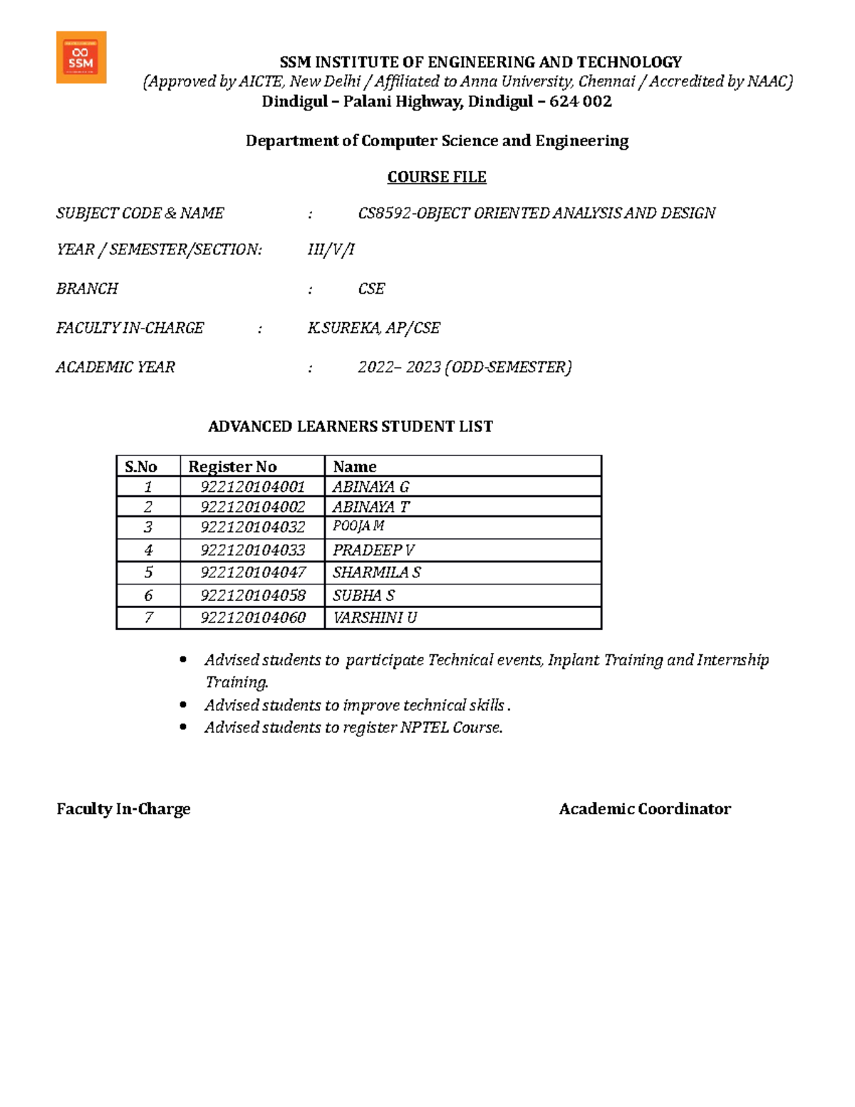 Advanced learners - data science - SSM INSTITUTE OF ENGINEERING AND ...