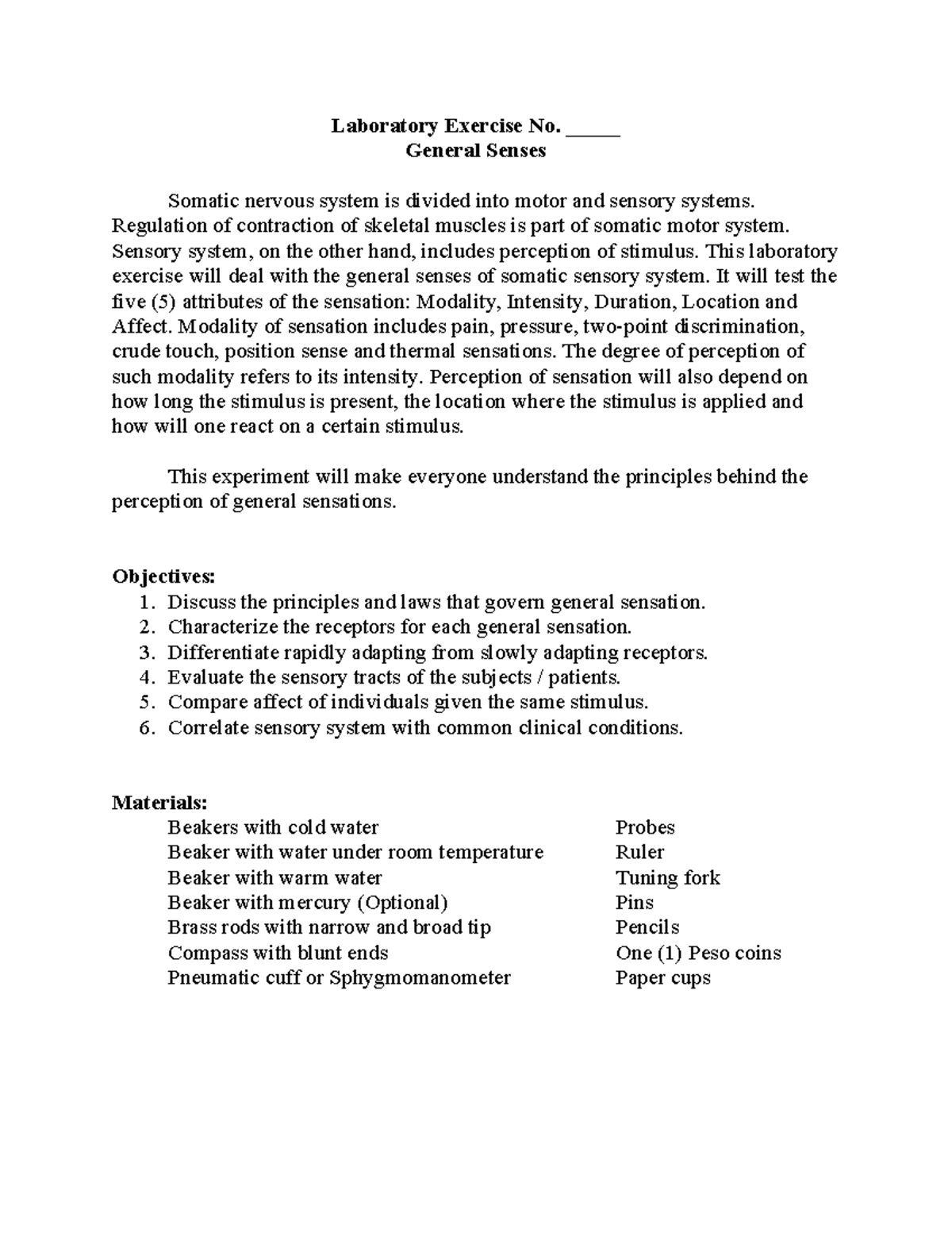 Gen Senses-Physio case - Laboratory Exercise No. _____ General Senses ...