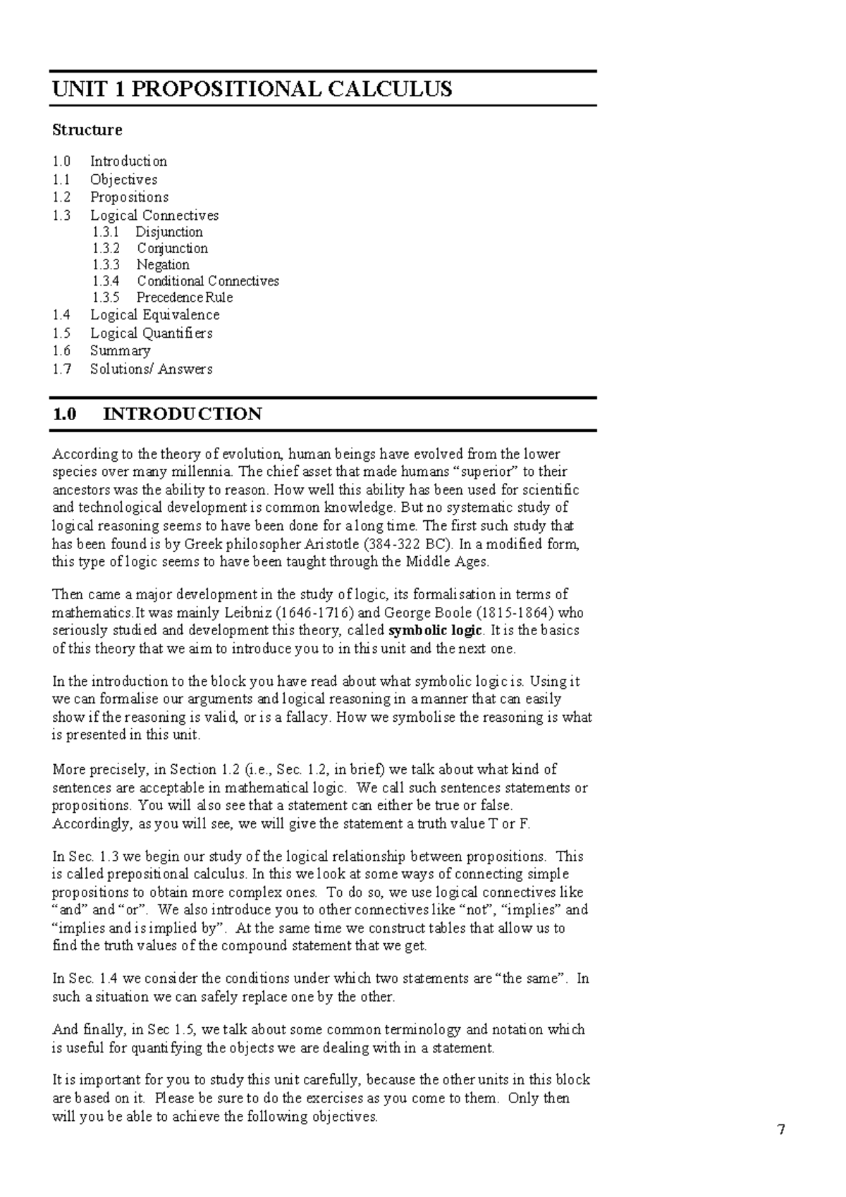MCS13 Study material - Propositional Calculus UNIT 1 PROPOSITIONAL ...