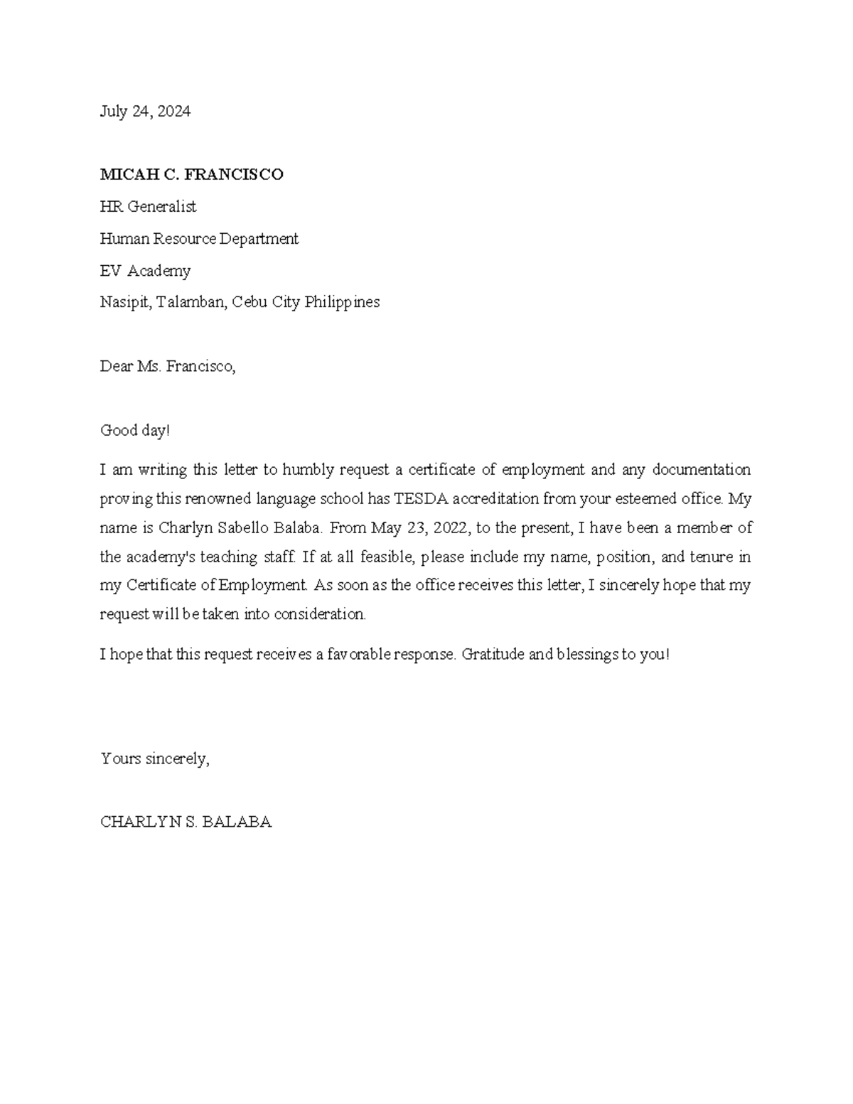 Request letter - COE - July 24, 2024 MICAH C. FRANCISCO HR Generalist ...