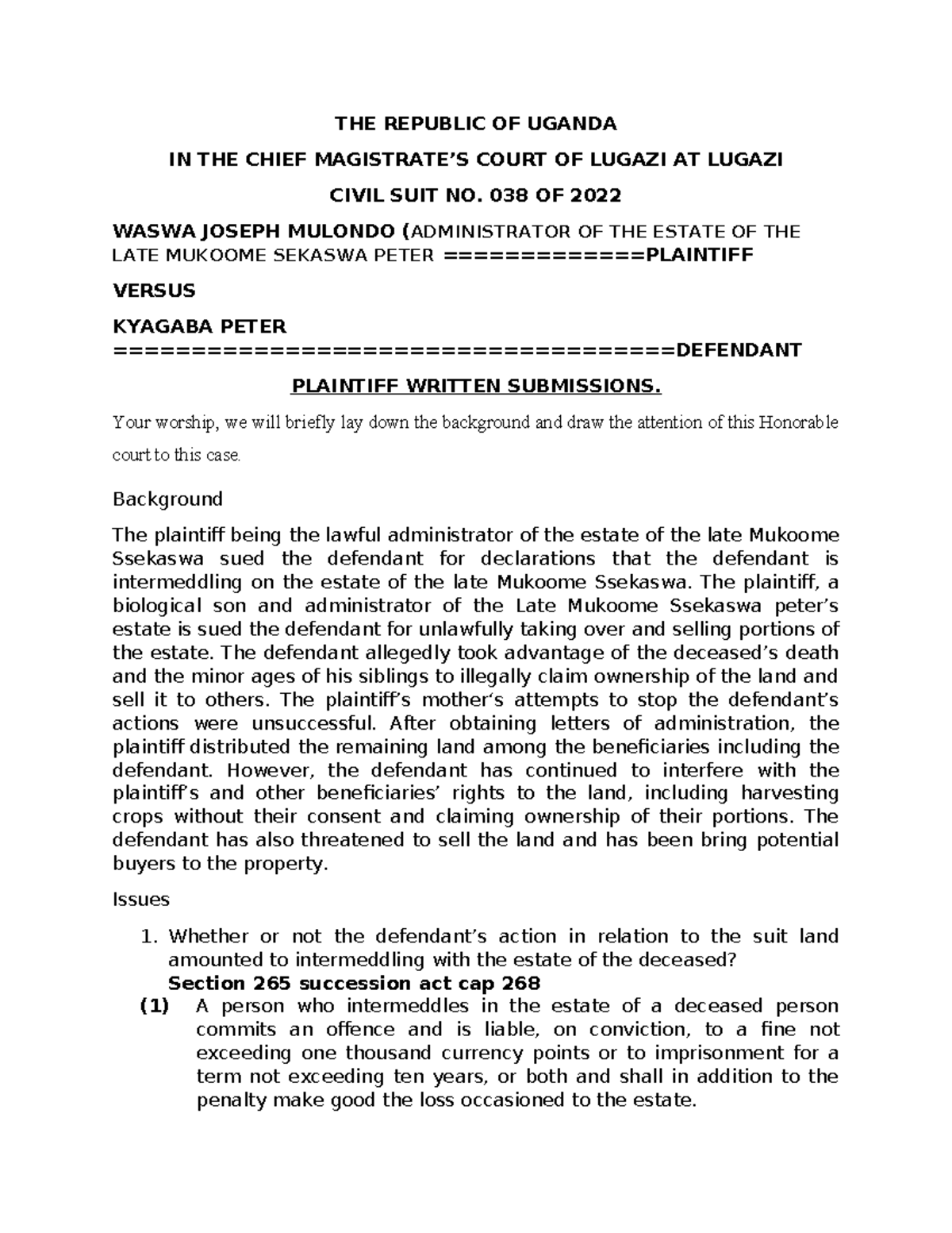 Waswa joseph mulondo final submissions (Autosaved) - THE REPUBLIC OF ...