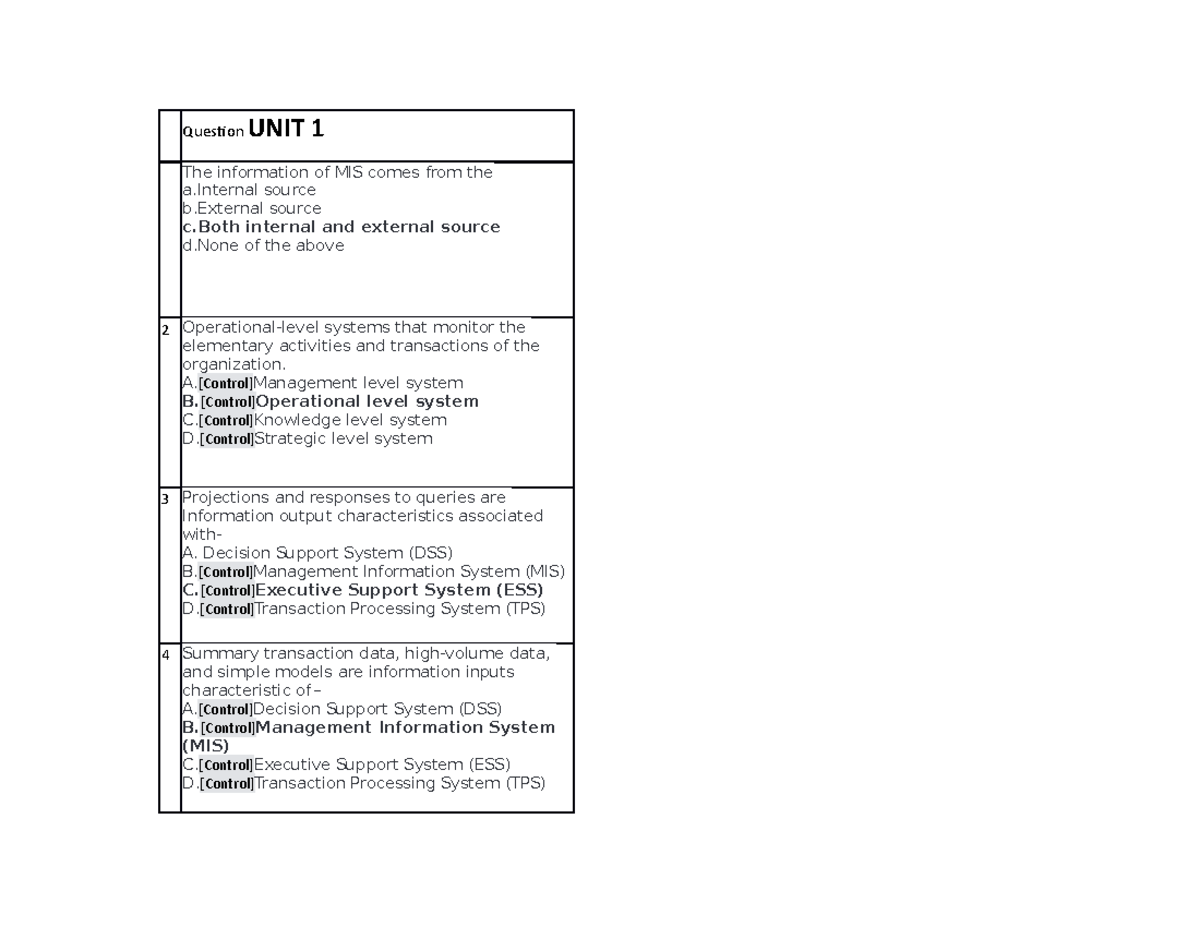 MIS Quesion BANK - Questions bank - Question UNIT 1 The information of ...