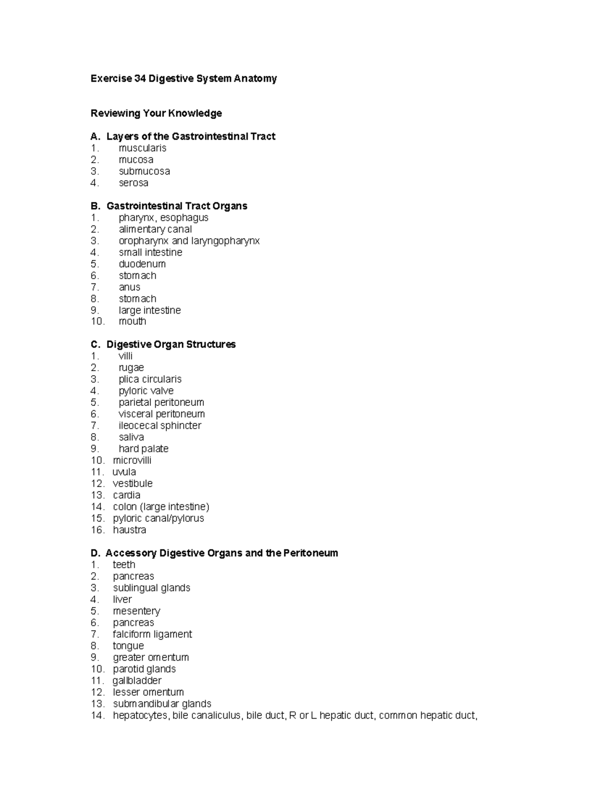 Allen 6e ryk ex34 - mainly for assignment uses. - Exercise 34 Digestive System Anatomy Reviewing ...