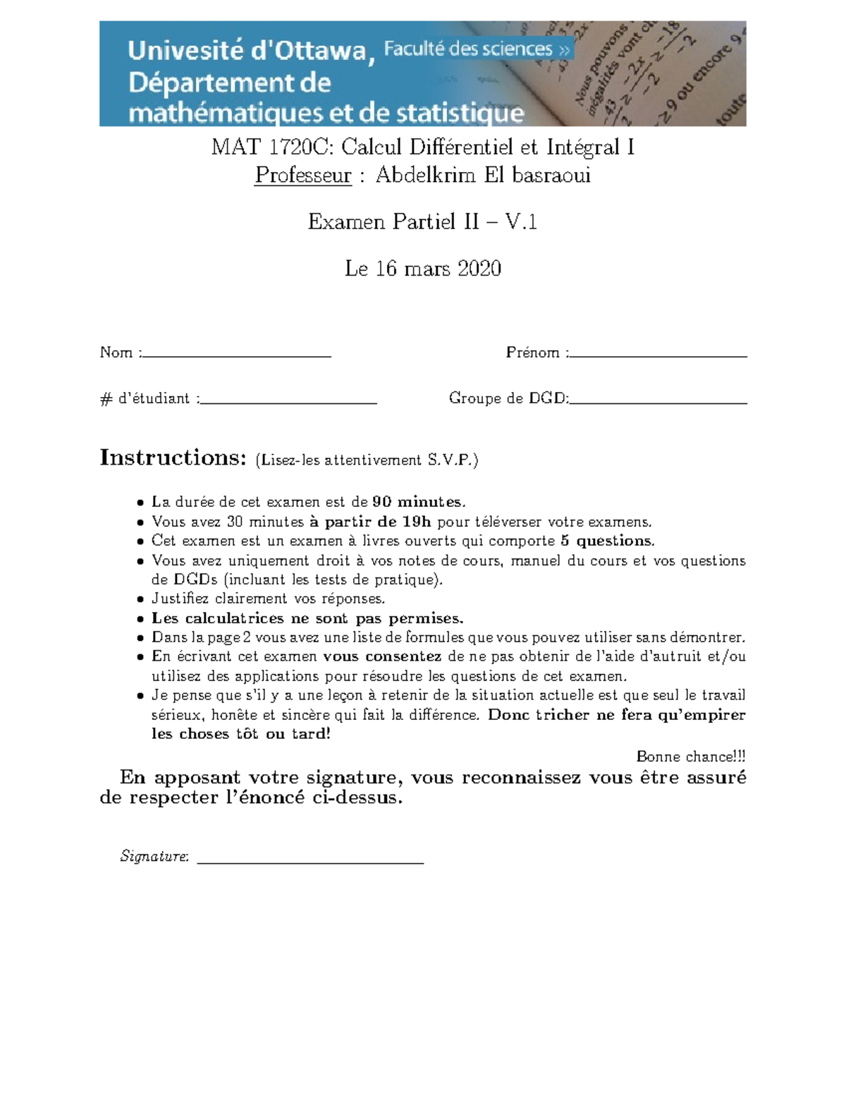 1720C W20 midterm 2 v1 - partiel 2mat1720 - MAT 1720C: Calcul Diff ́erentiel et Int ́egral I ...