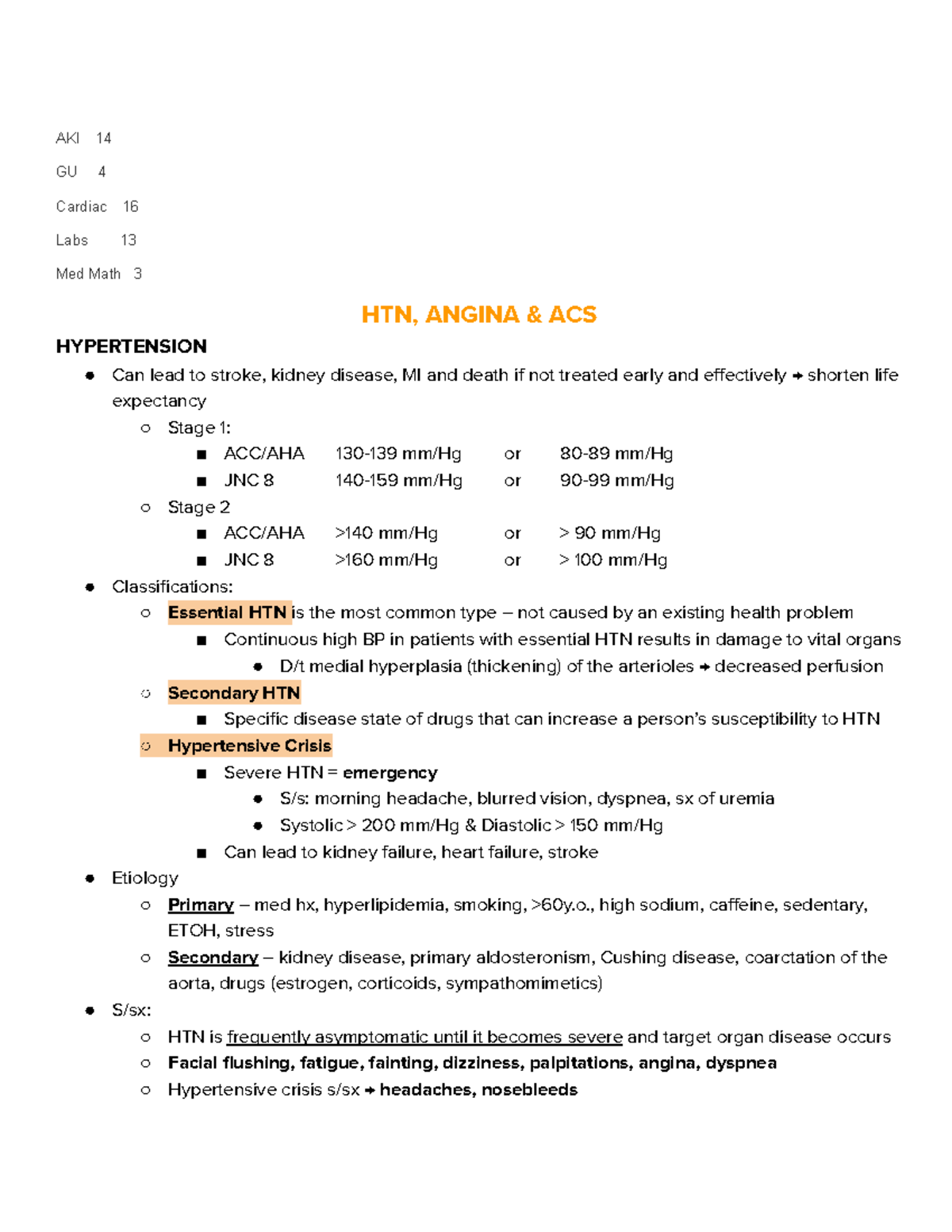 Adults Exam 2 - Study guide for Exam 2 - AKI 14 GU 4 Cardiac 16 Labs 13 ...