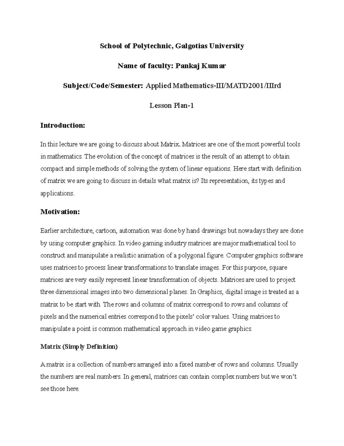 Lesson Plan 1 Matrix - Discrete Mathematics - Studocu