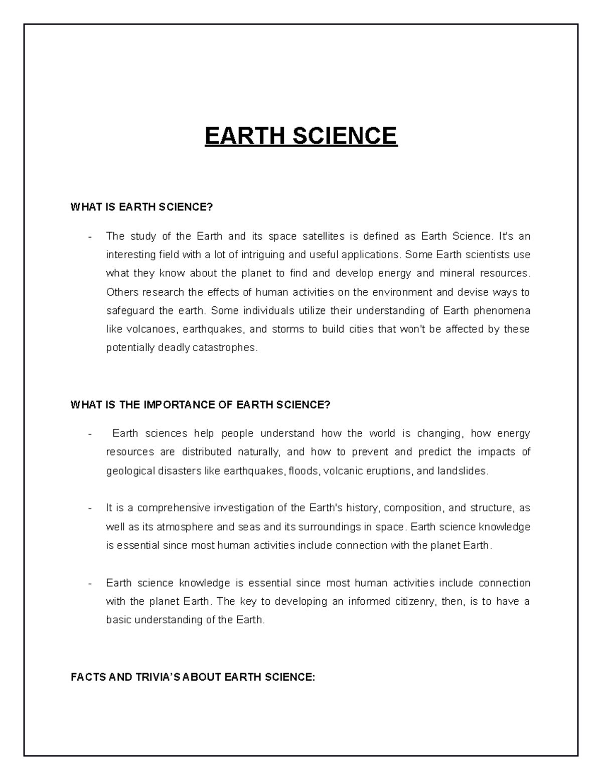 The Importace Of Earth Science EARTH SCIENCE WHAT IS EARTH SCIENCE